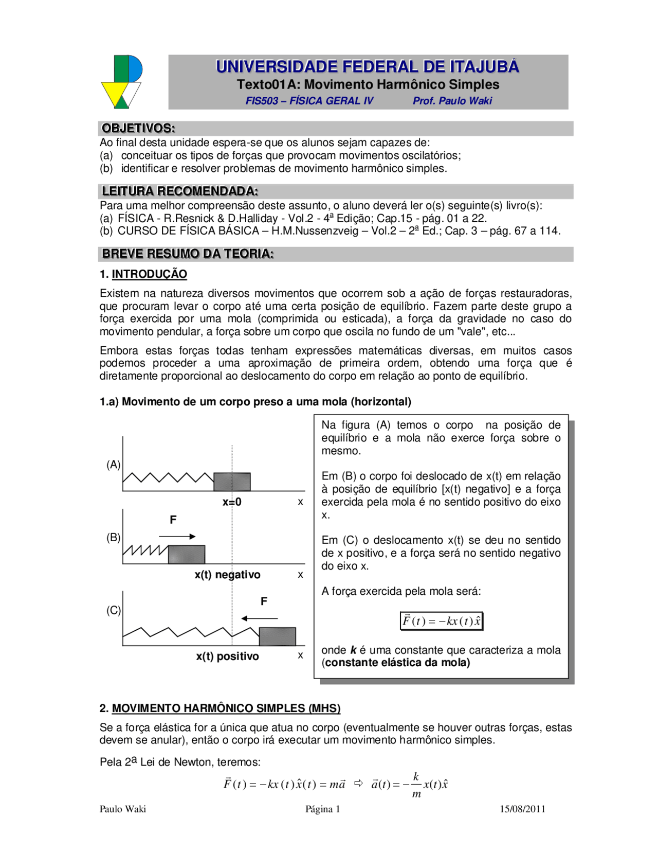 Teoria e exercícios de MHS | Notas de estudo Física | Docsity
