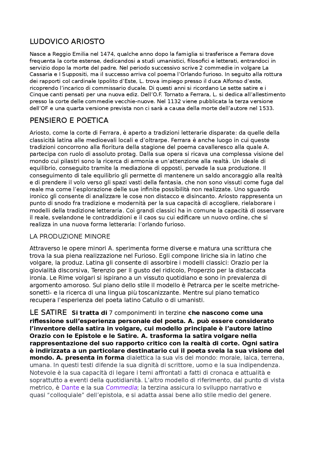Ludovico Ariosto Appunti Docsity