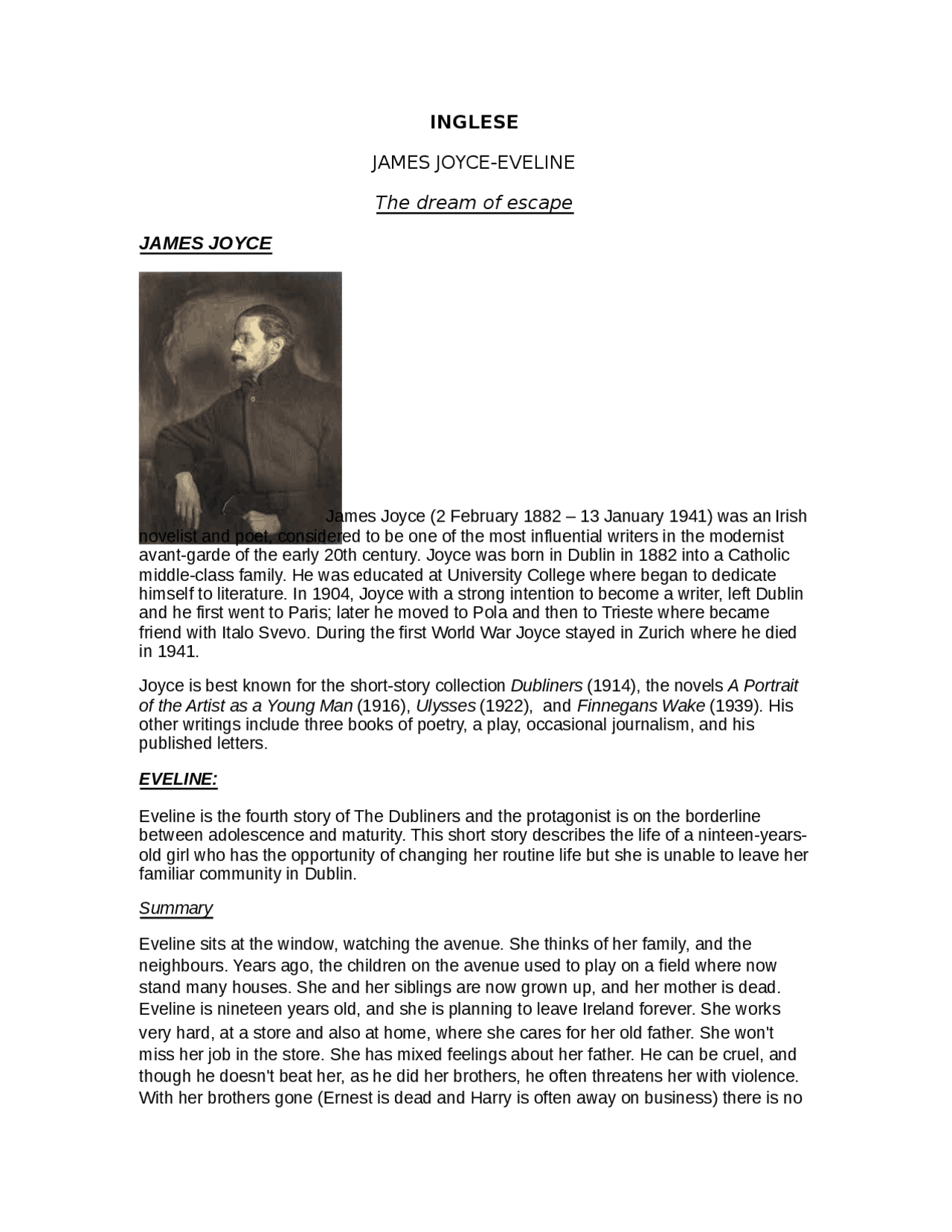 James Joyce Eveline Docsity