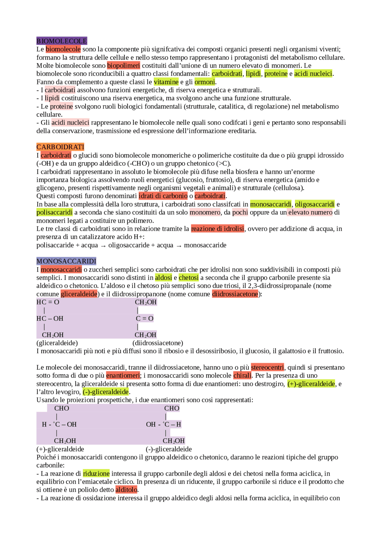 Carboidrati Biomolecole Monosaccaridi Docsity