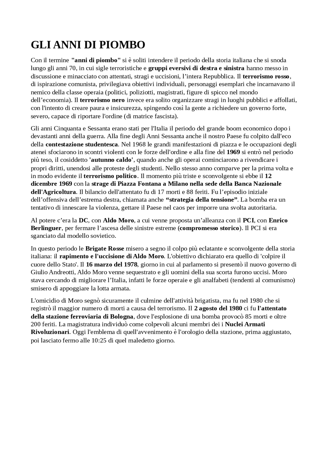 Gli Anni Di Piombo In Italia Appunti Di Storia Docsity