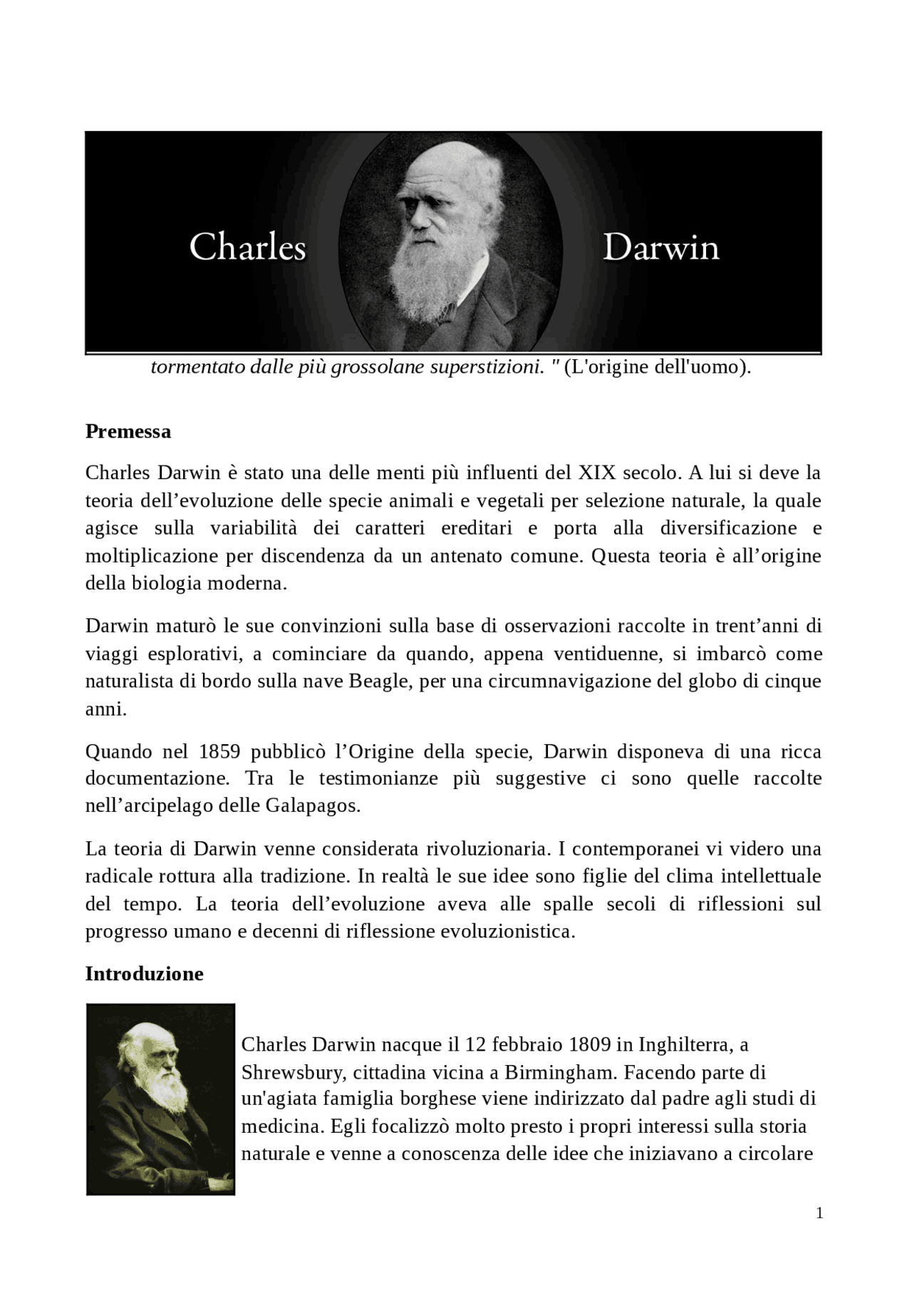 Charles Darwin e l' origine della specie - Docsity