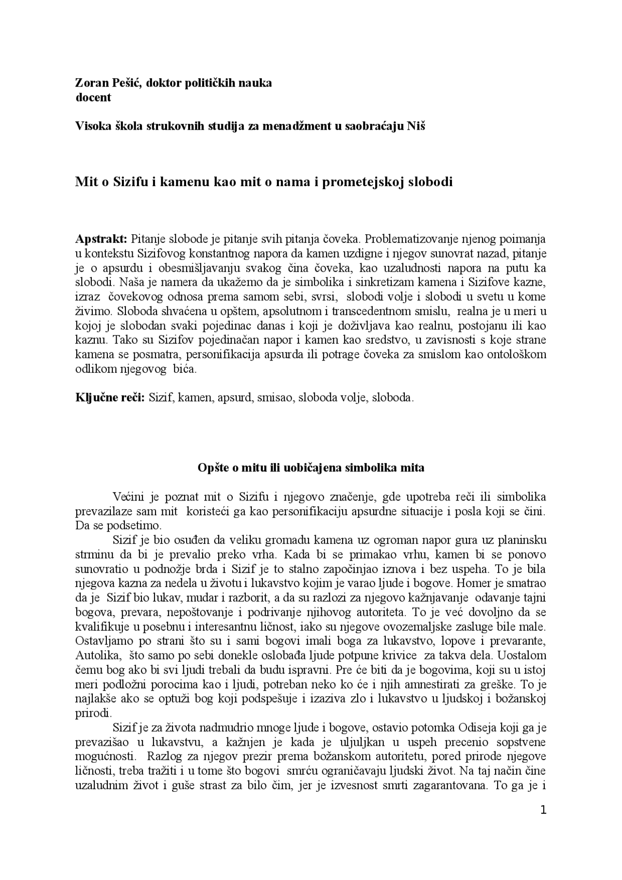 Mit o sizifu Albert Kami | Završni ispiti mature od Filozofija | Docsity