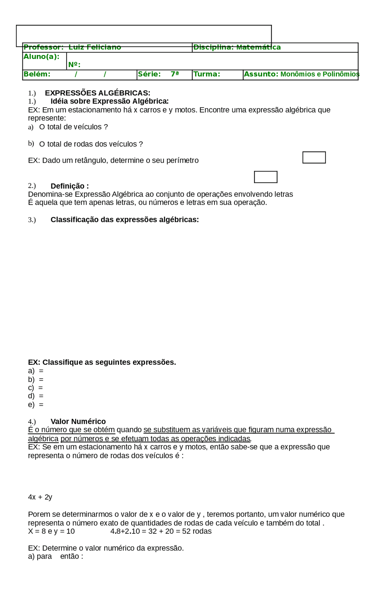 Monômios E Polinômios Exercícios Matemática Docsity