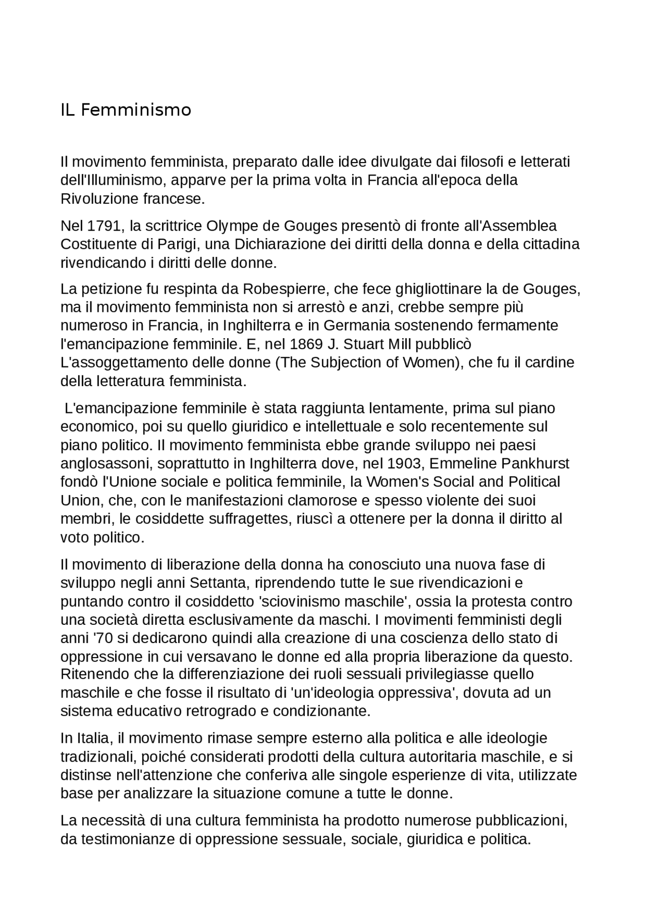 Nascita E Sviluppo Del Femminismo Docsity