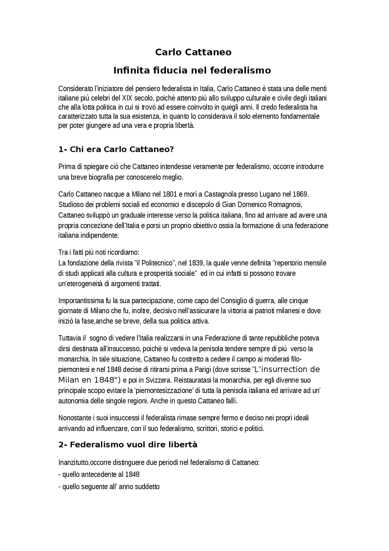 Carlo Cattaneo Federalismo Docsity