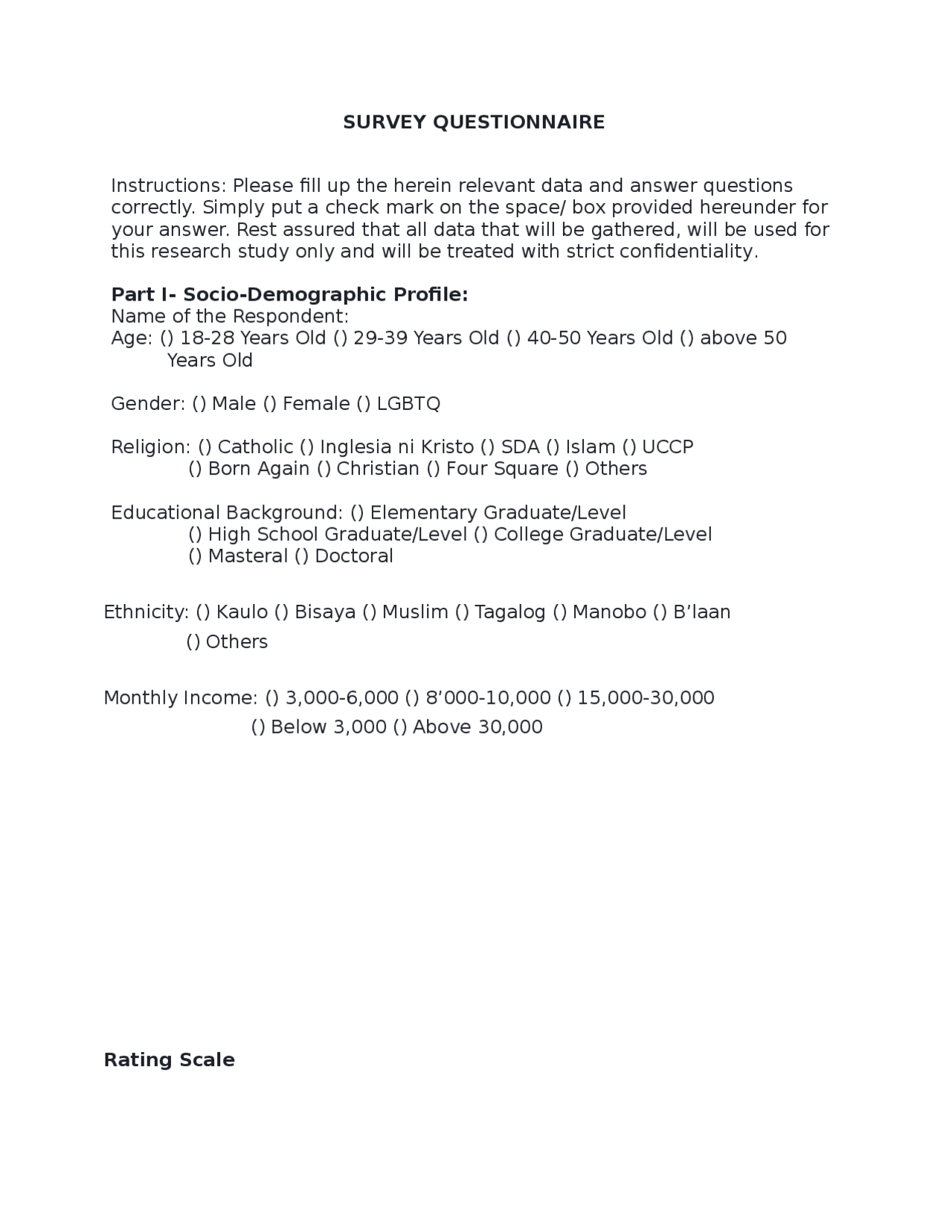 Survey Questionnaire Docsity
