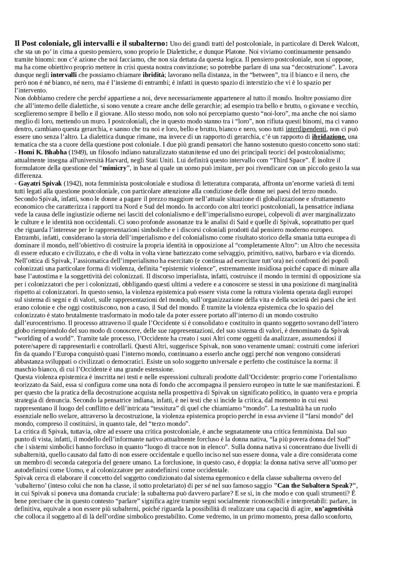 IL POST COLONIALE, GLI INTERVALLI E IL SUBALTERNO - Docsity
