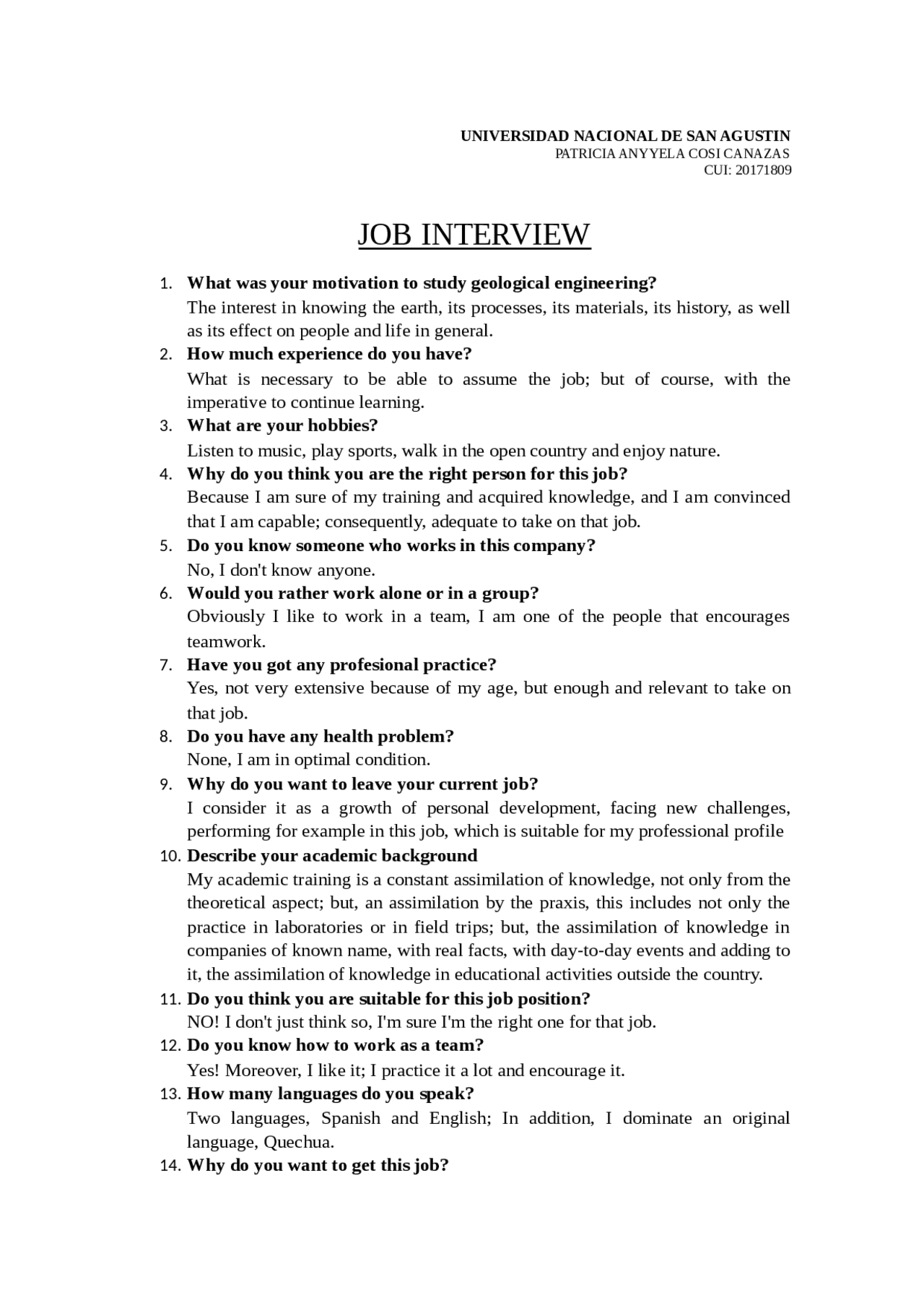 JOB Interview English Technical - Docsity