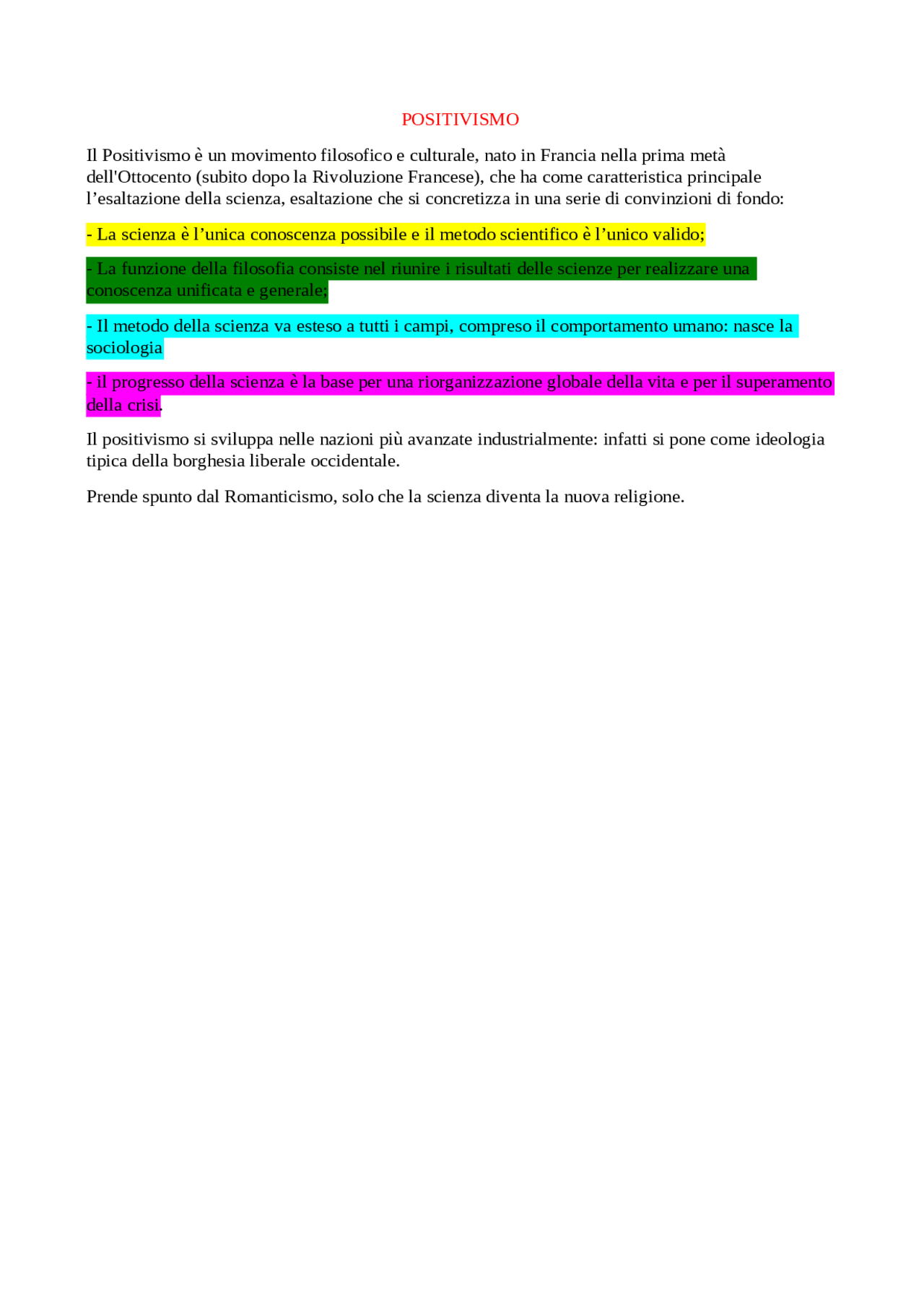 Positivismo Comte Brevi Appunti Docsity