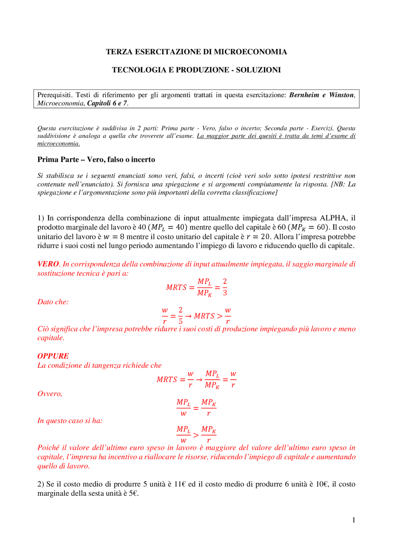 Soluzioni Esercitazione Microeconomia Docsity