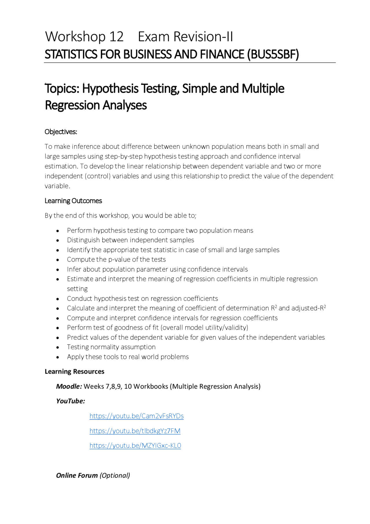 Workshop 12 Exam Review Ii Hypothesis Testing And Regression Analysis Docsity