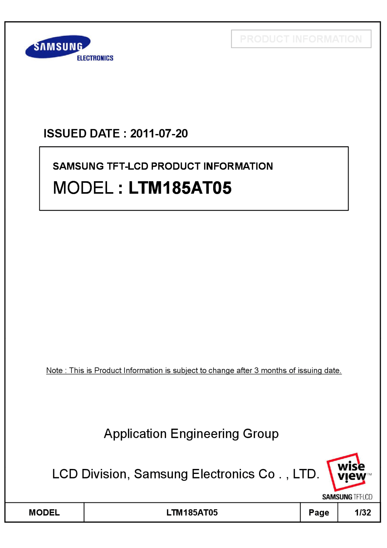 Samsung TFT-LCD Product information: model LTM185AT05 - Docsity