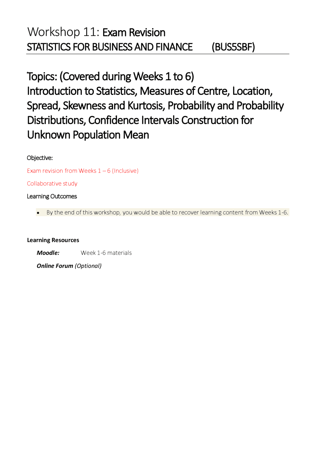 Workshop 11-Exam Revision | Exercises Finance | Docsity