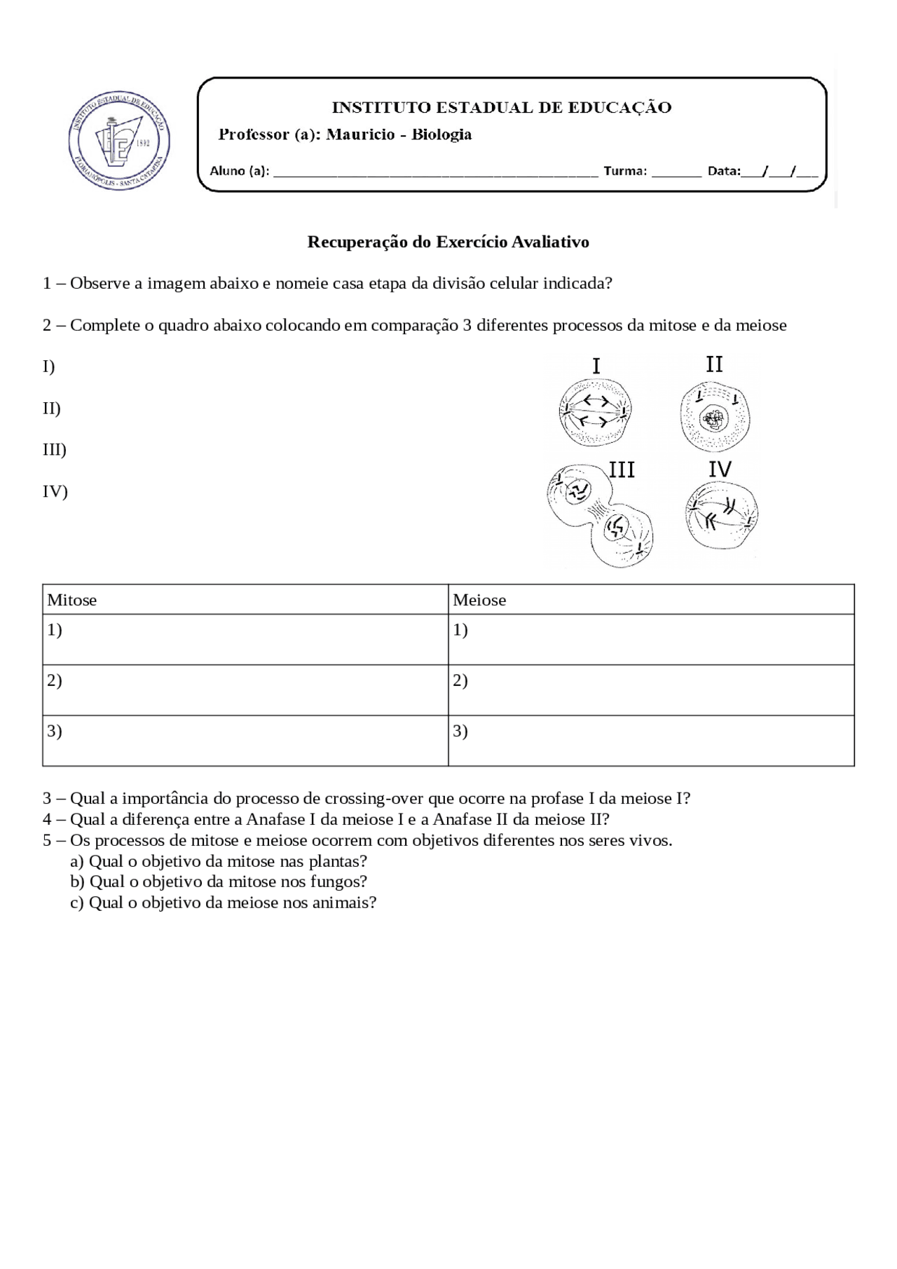 Exercício Sobre Mitose E Meiose Exercícios Biologia Docsity