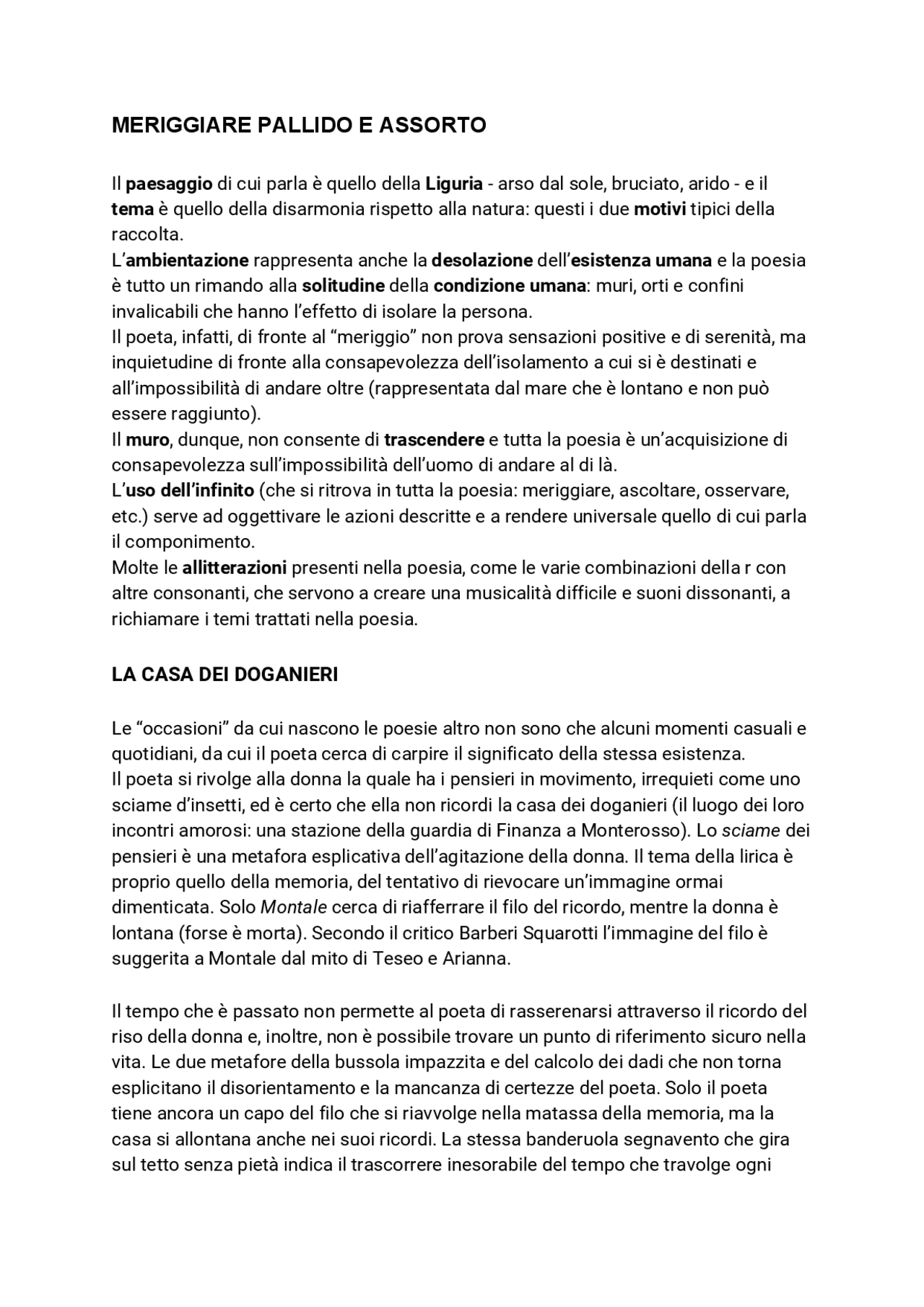Montale Riassunti Opere Docsity