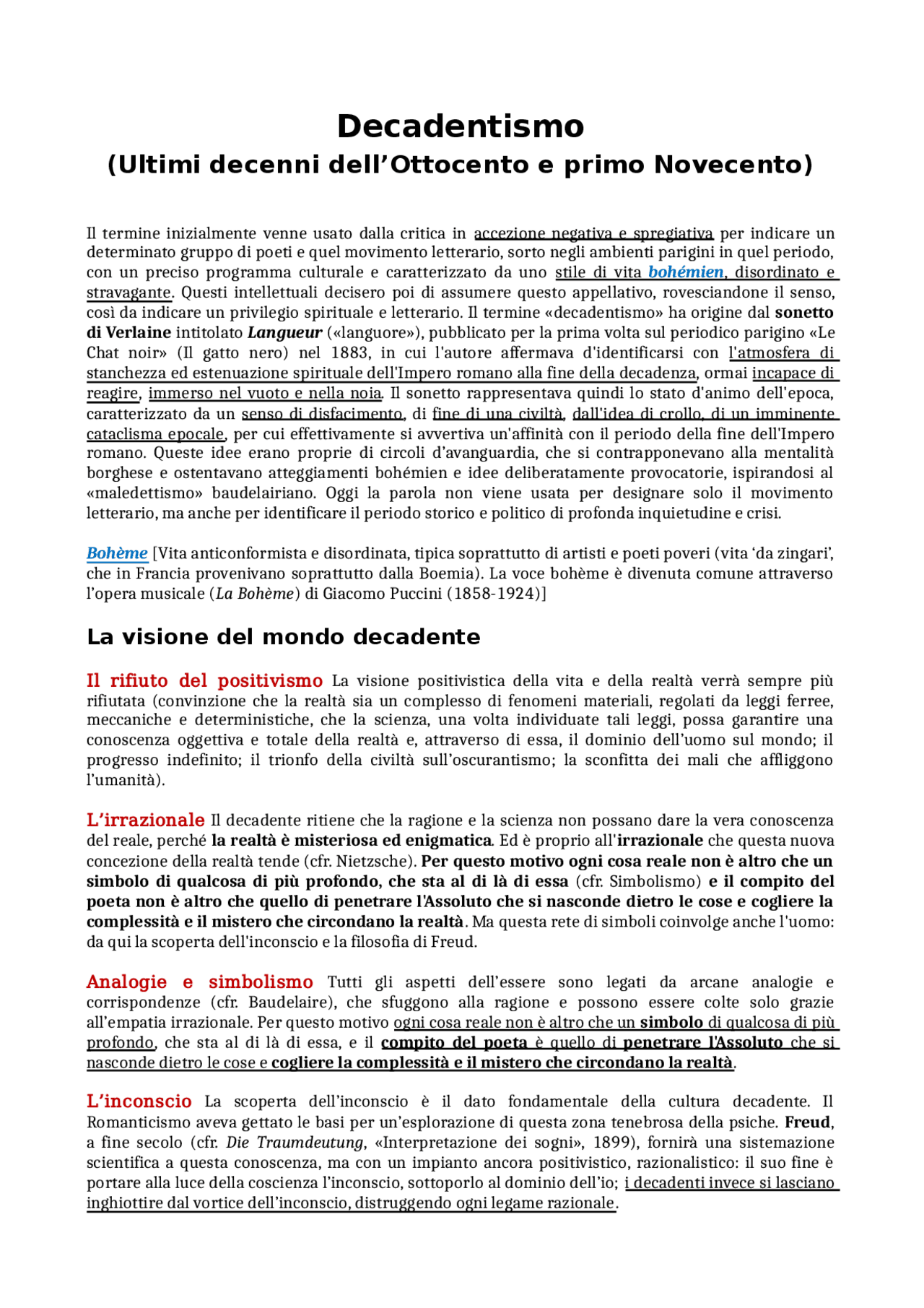 Riassunto Sul Decadentismo Docsity