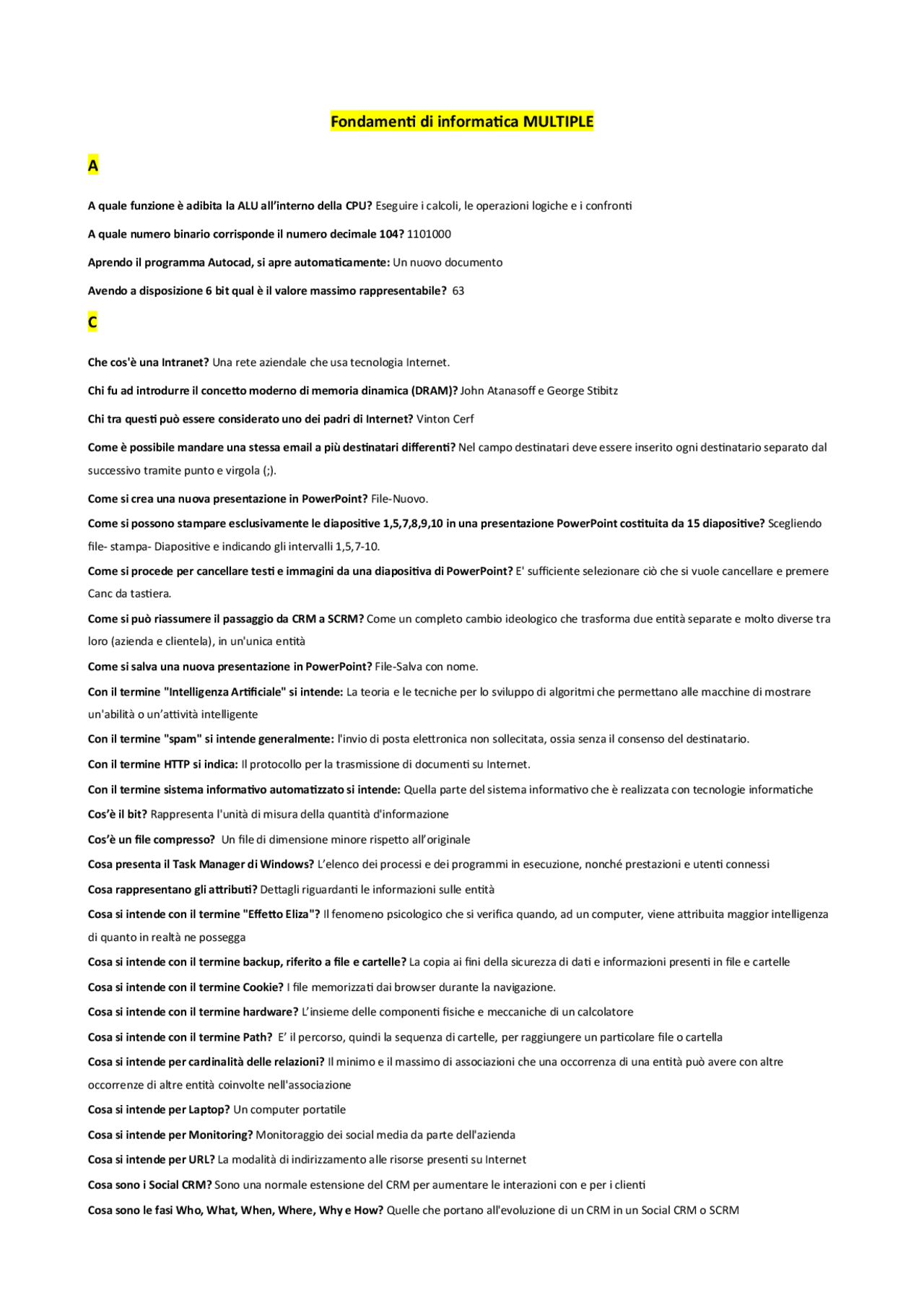 Fondamenti Di Informatica Paniere Risposte Multiple Panieri Di