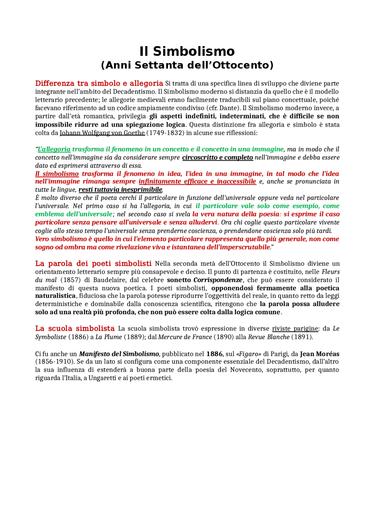 Riassunto Sul Simbolismo Sintesi Del Corso Di Italiano Docsity