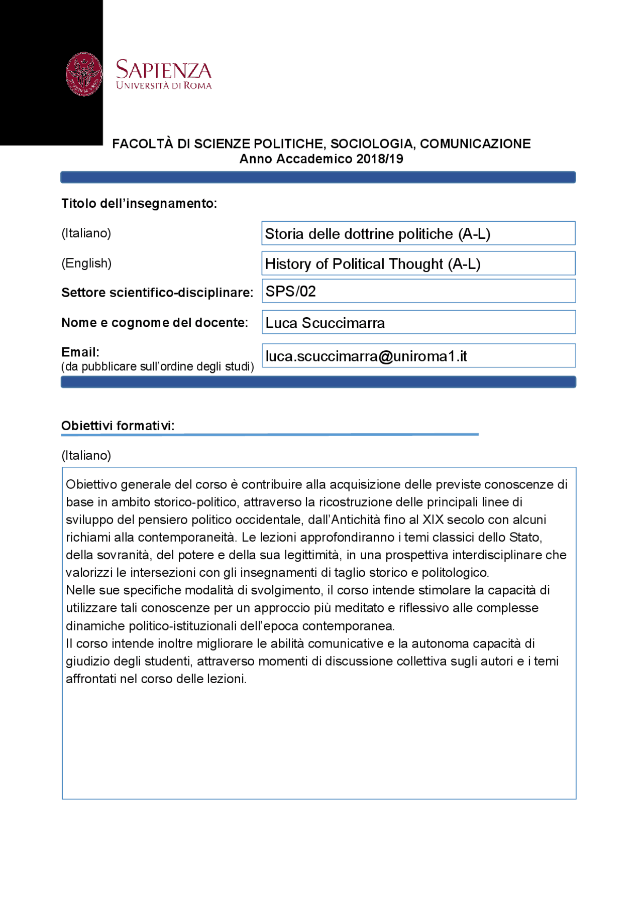 Programma Per Corso Di Storia Delle Dottrine Politiche Docsity