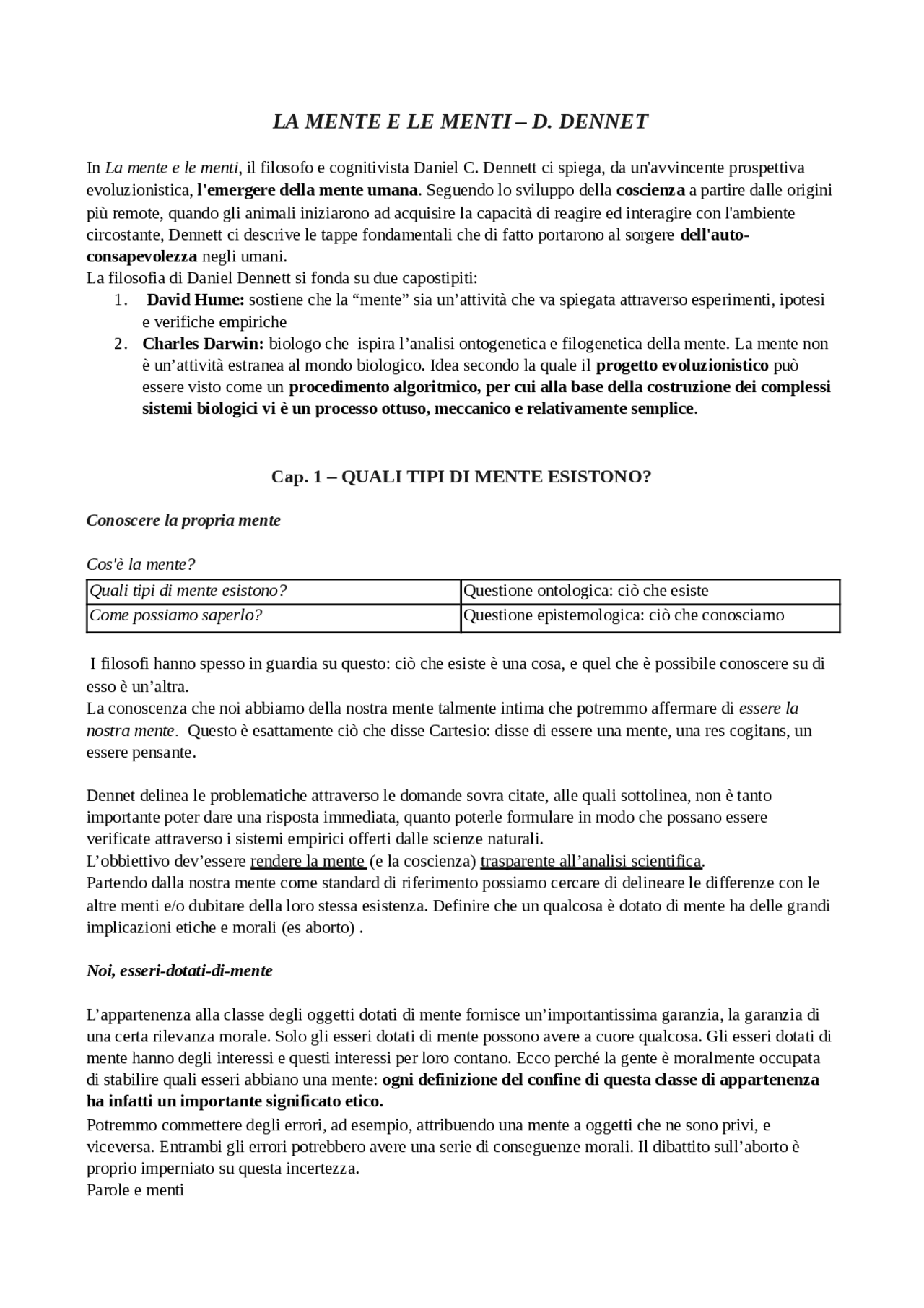 Riassunto La Mente E Le Menti” Dennet Sintesi Del Corso Di