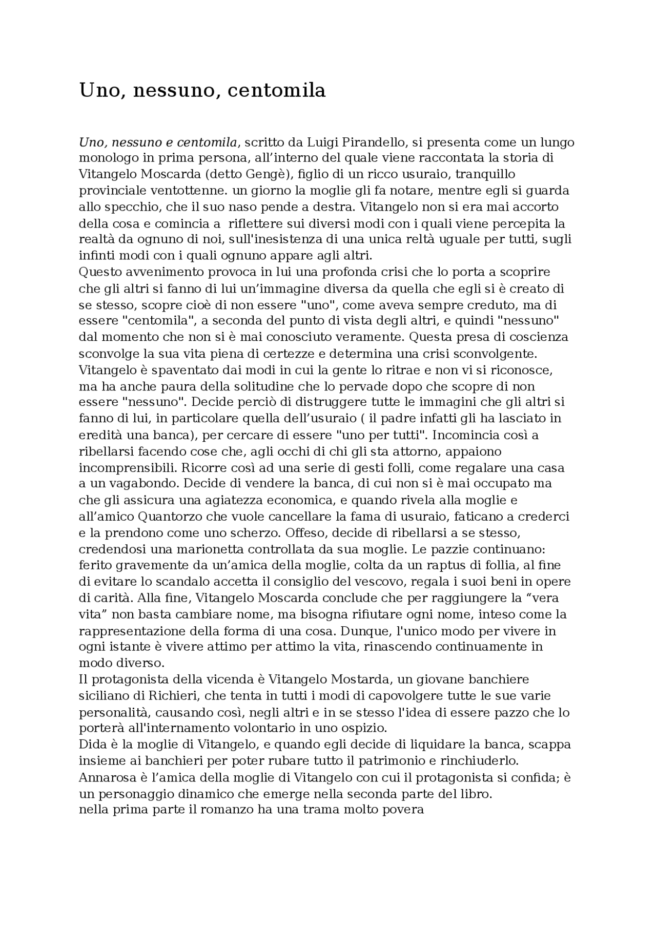 Uno Nessuno E Centomila Pirandello Docsity