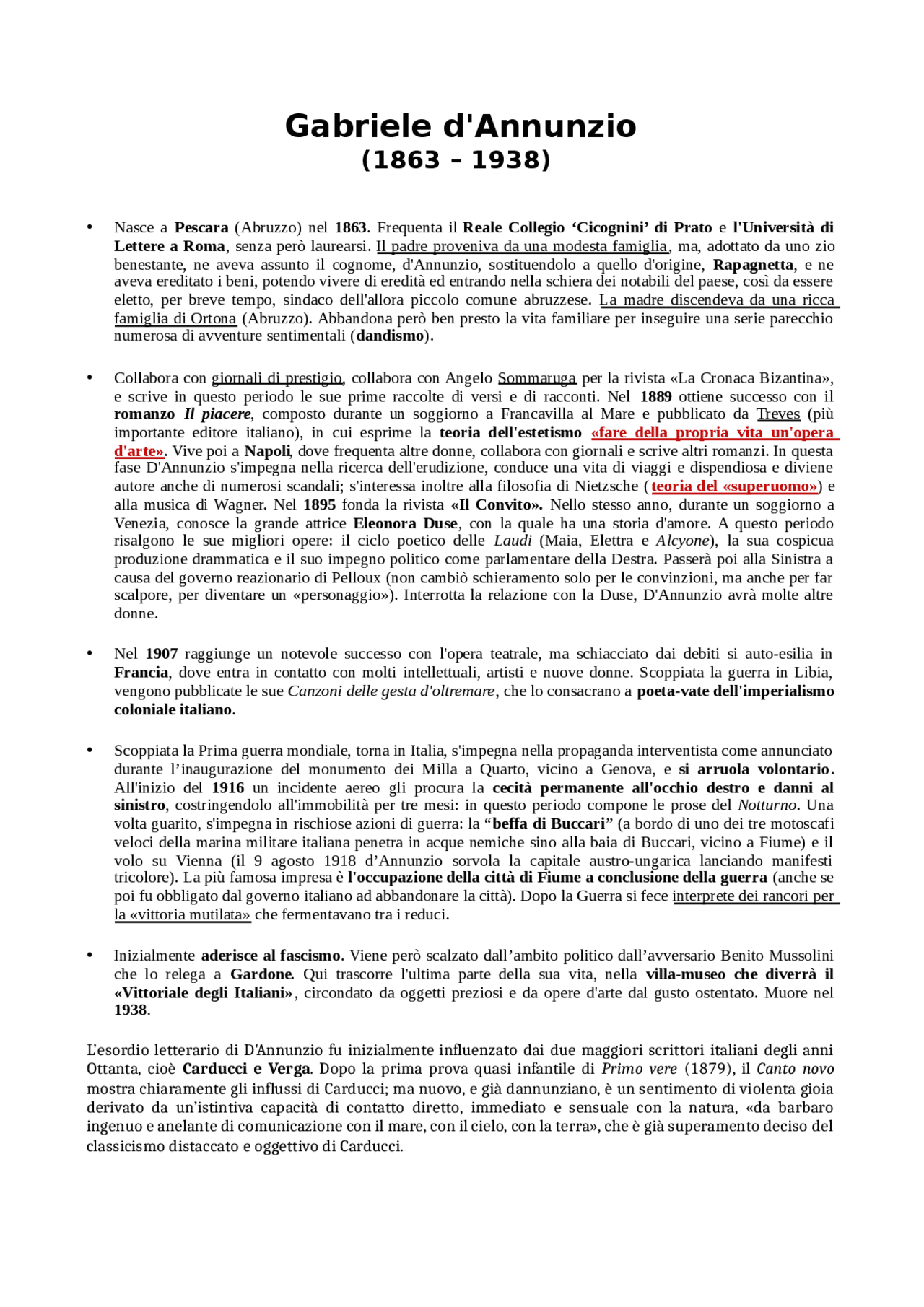 Riassunto Su Gabriele Dannunzio Docsity