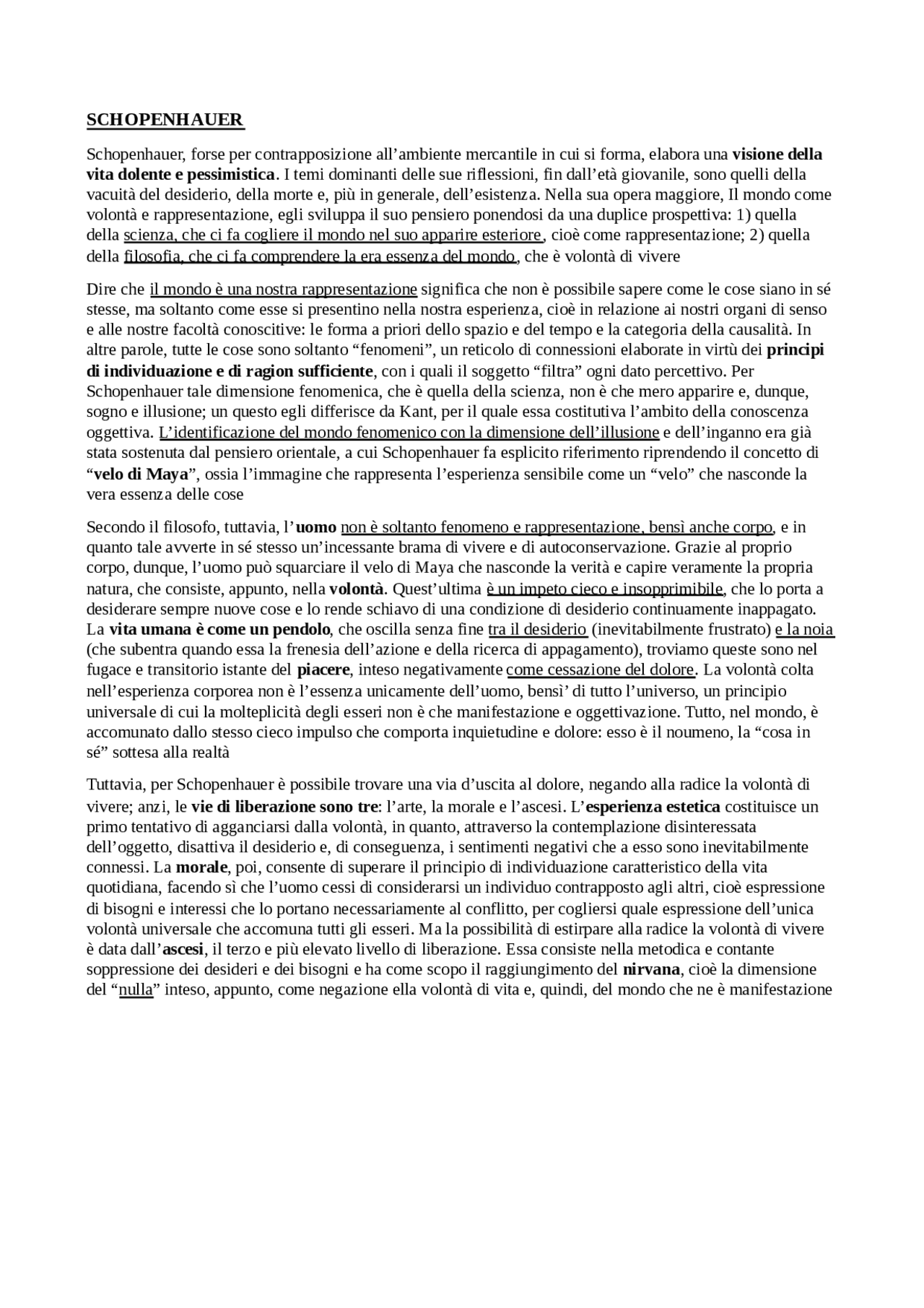 Schopenhauer Riassunto Filosofia Docsity