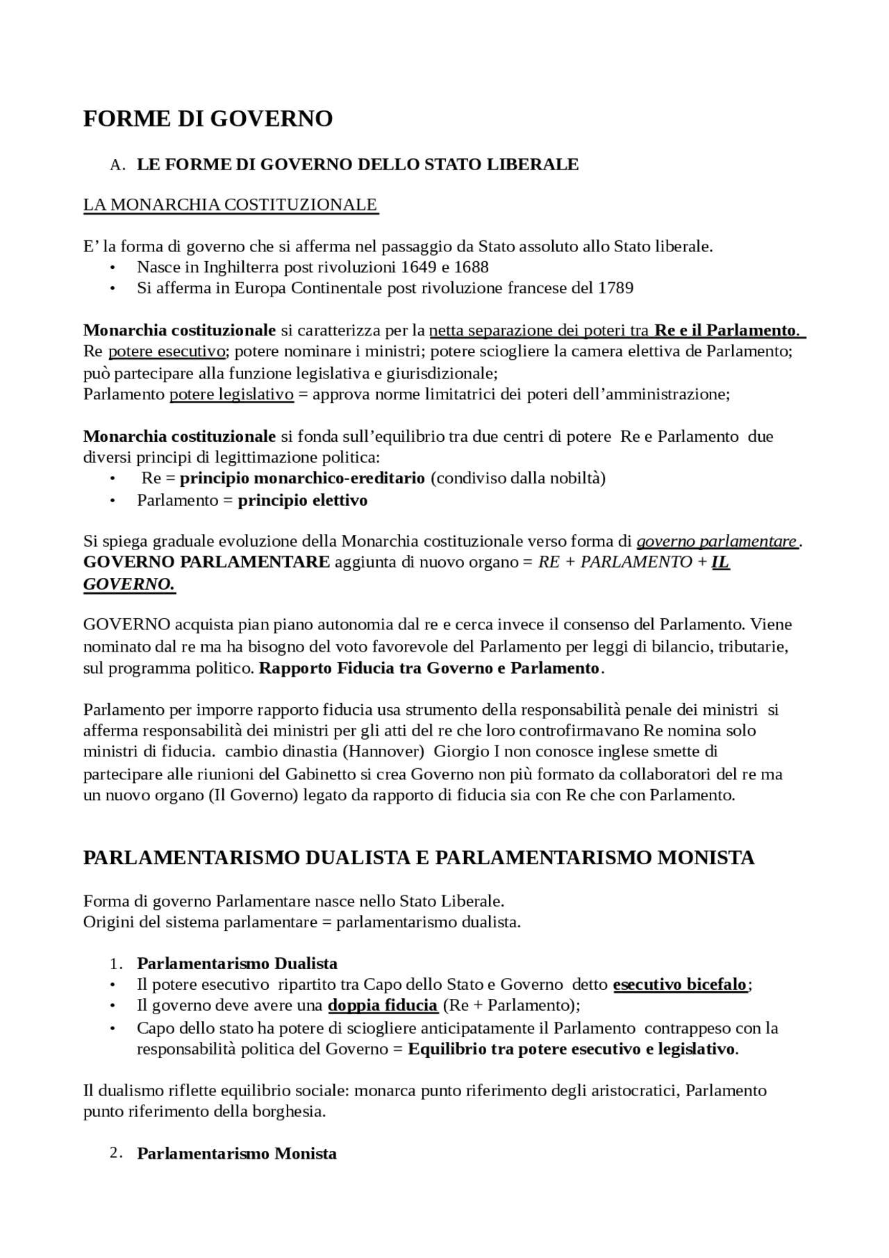Forme Di Governo Riassunto Docsity