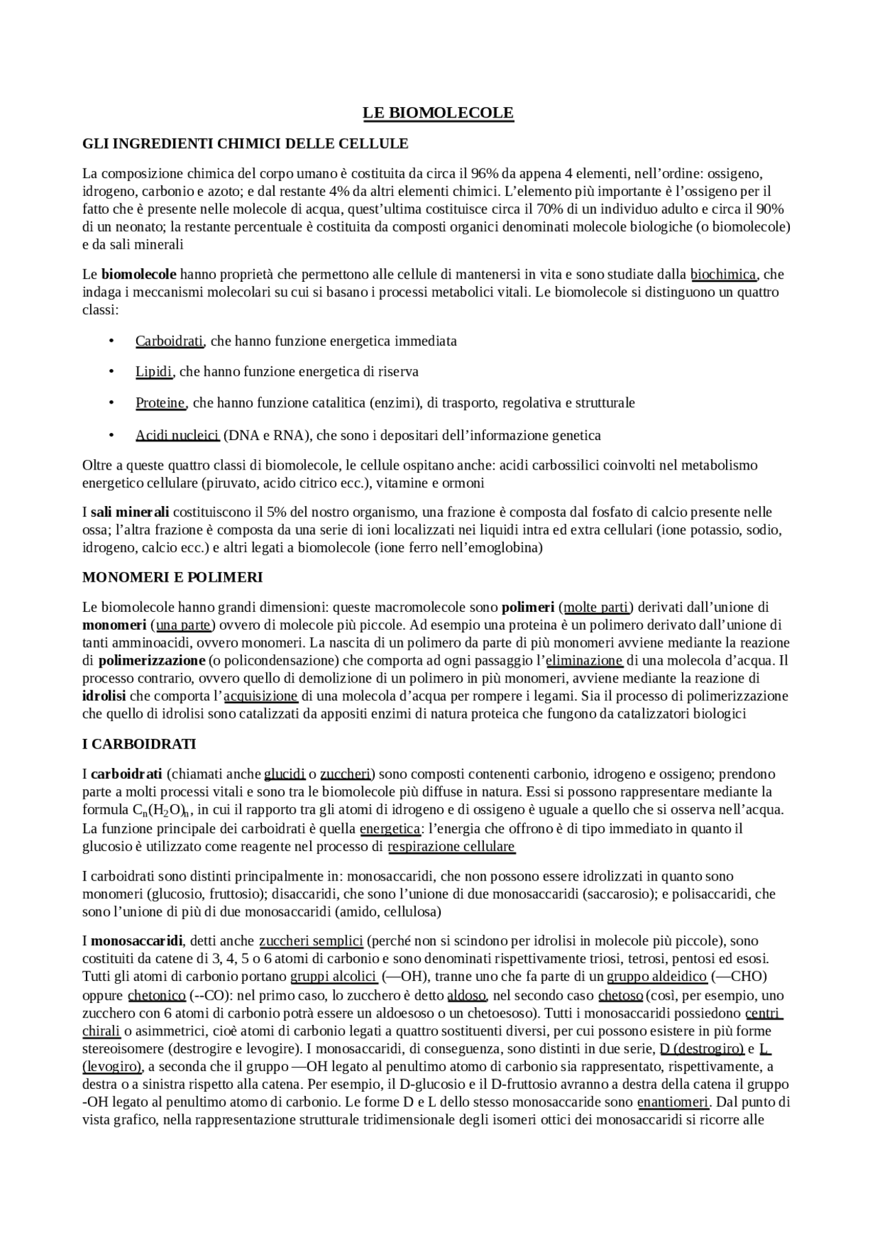 Biomolecole Riassunto Scienza Docsity