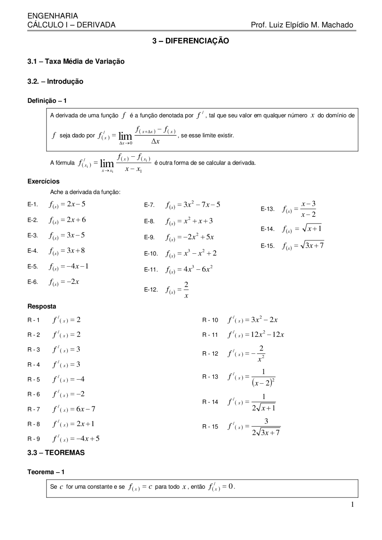 Exercícios Para Resolução De Derivadas Docsity