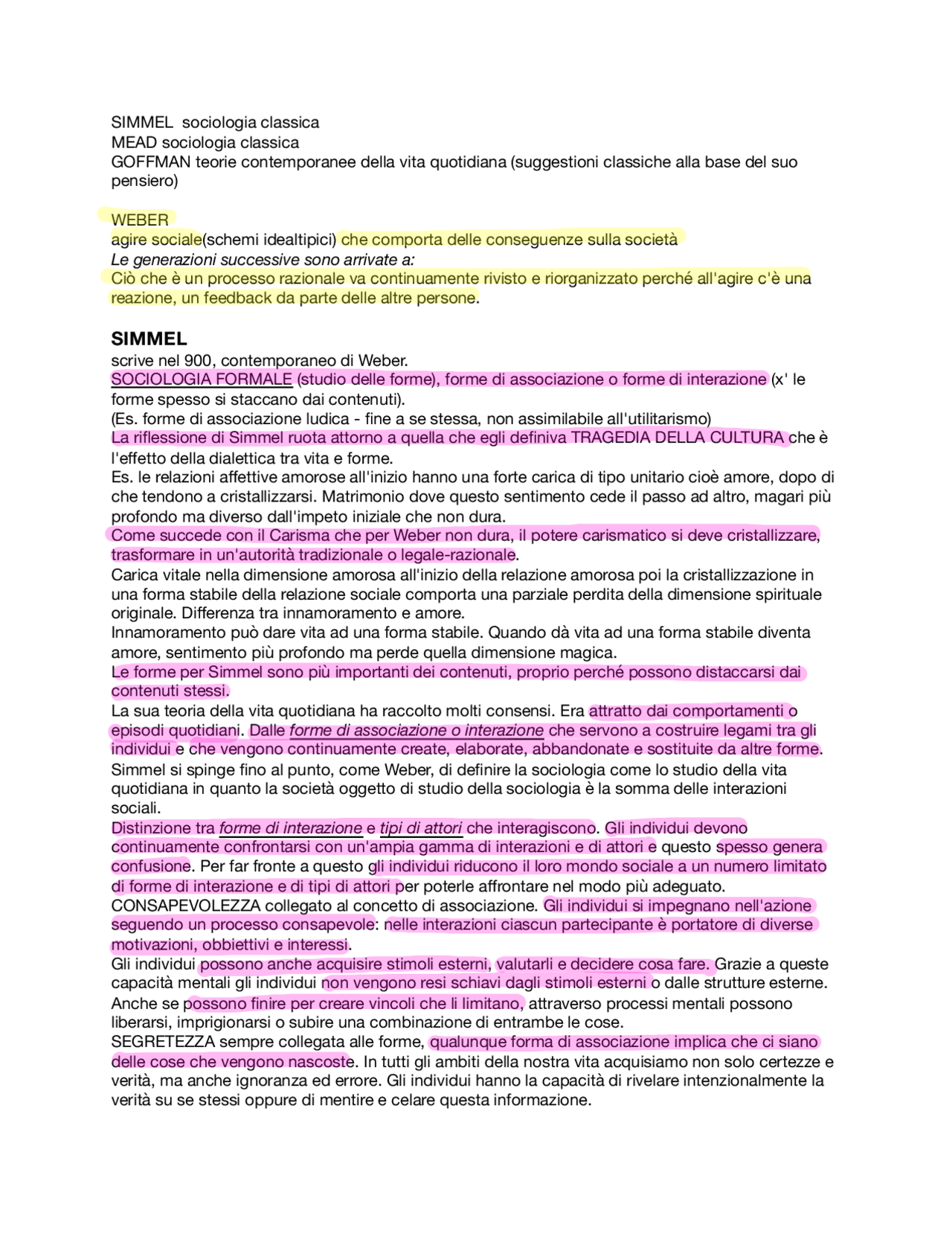 Simmel, Mead, Goffman | Appunti di Sociologia - Docsity