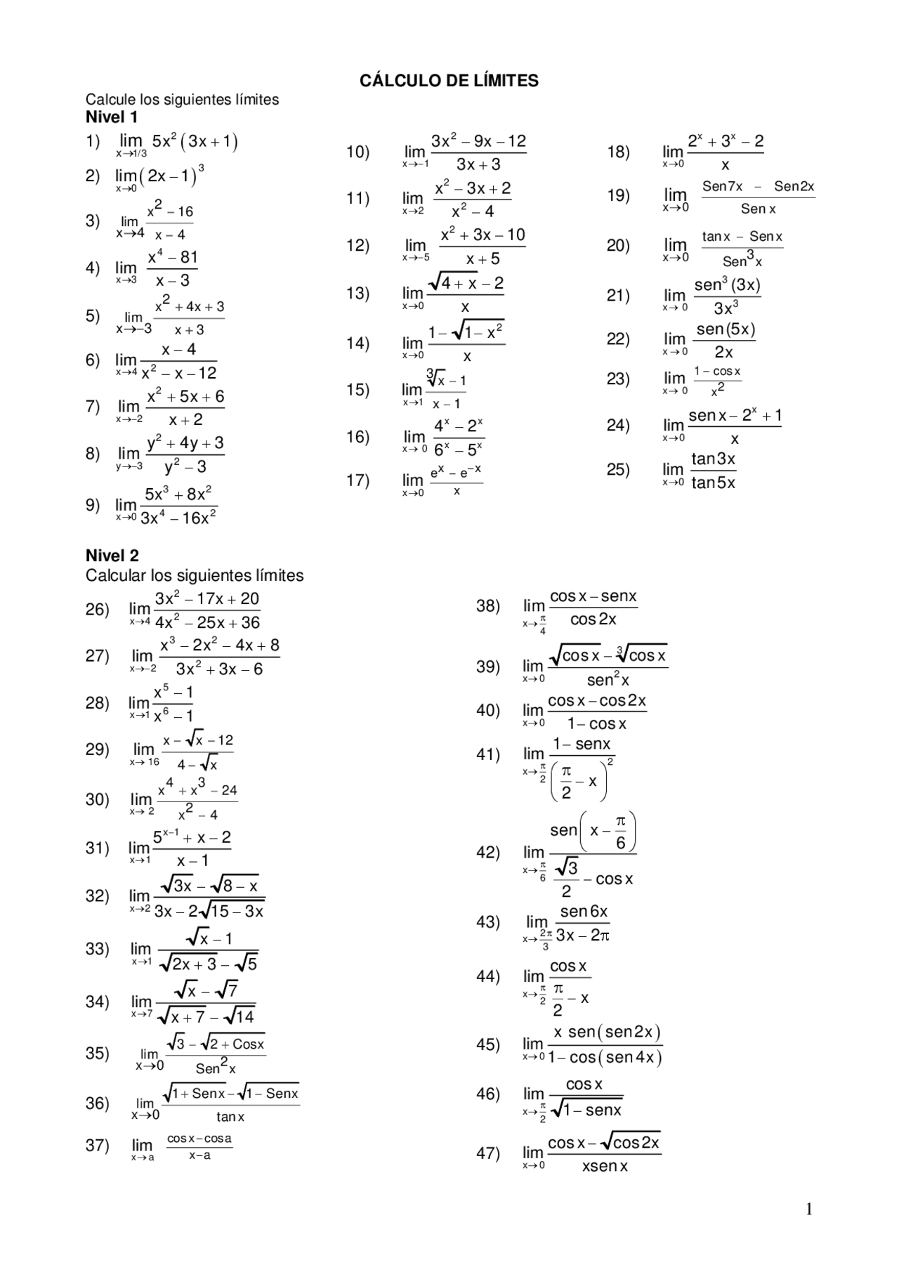 CÁlculo De LÍmites MatemÁticas Docsity