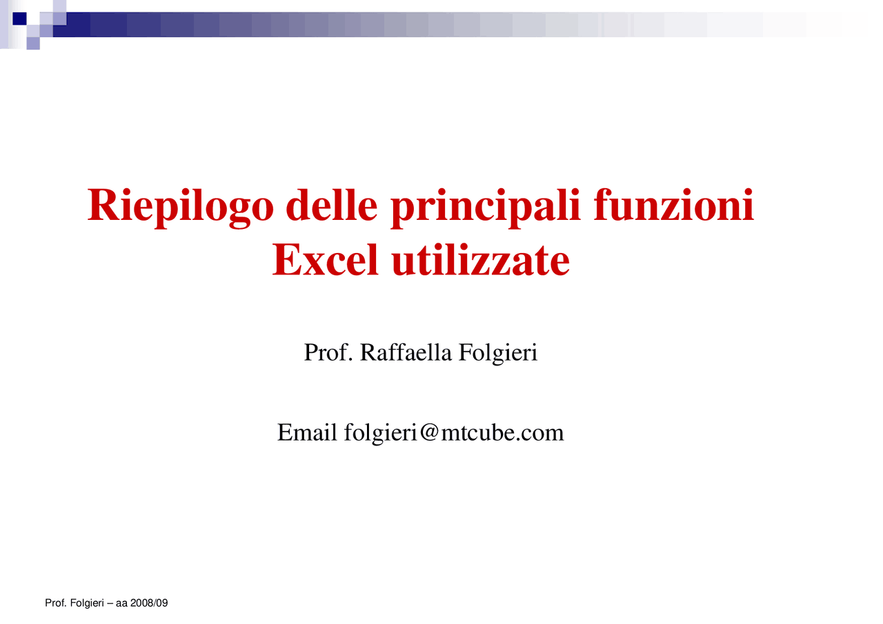 Funzioni Principali Di Excel Docsity