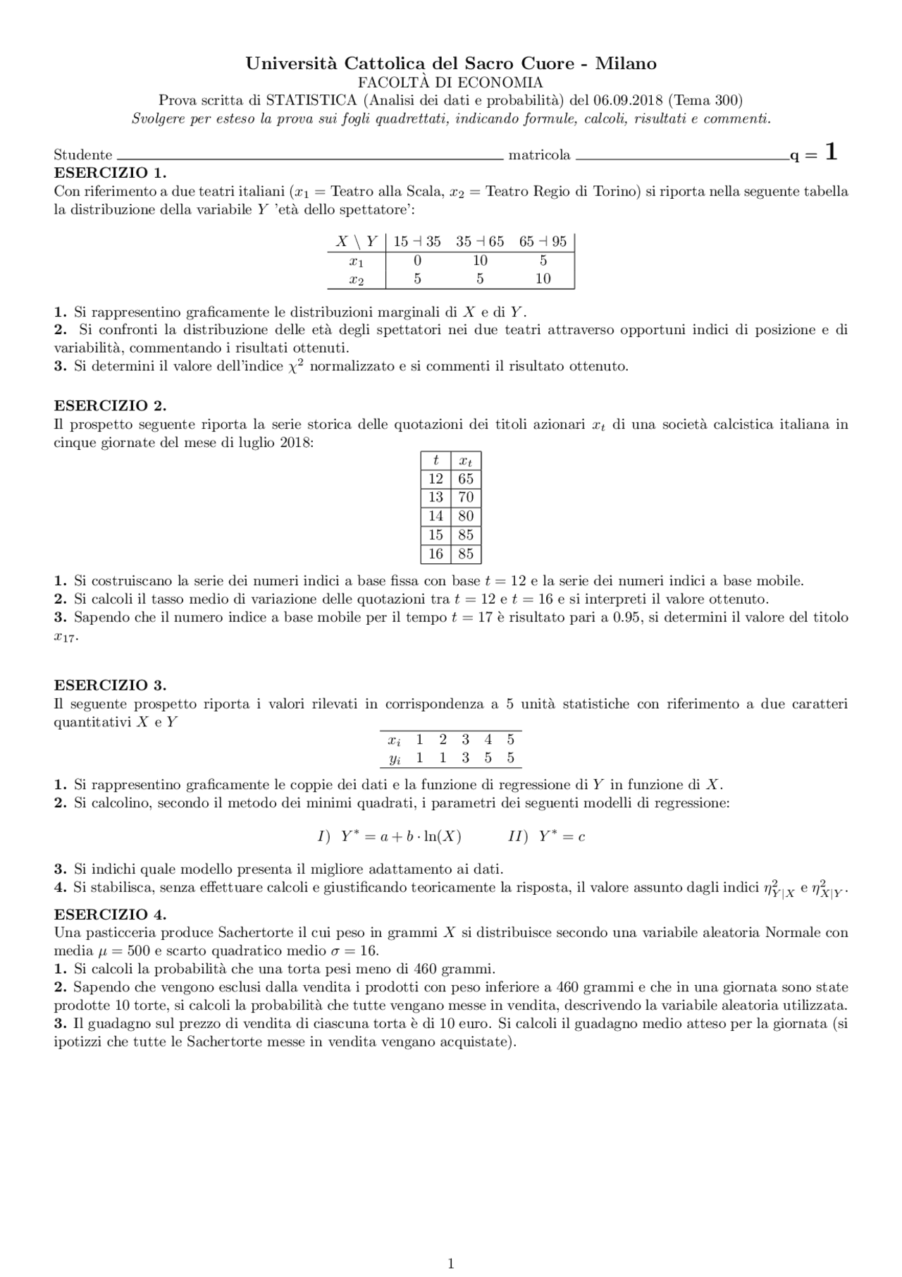 Tema Esame Statistica 1 Docsity