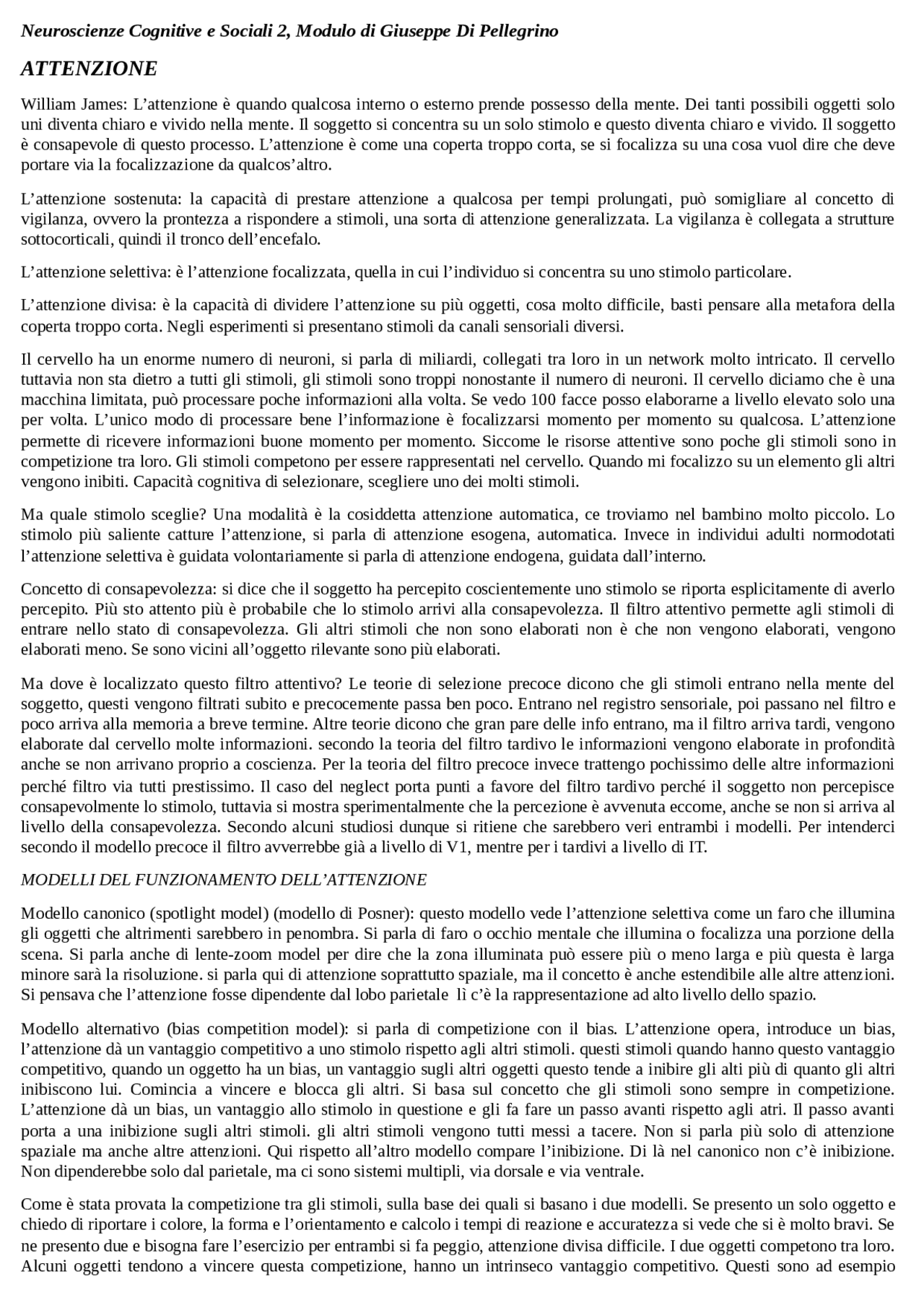 Sbobine Neuroscienze Cognitive E Sociali Giuseppe Di Pellegrino Docsity