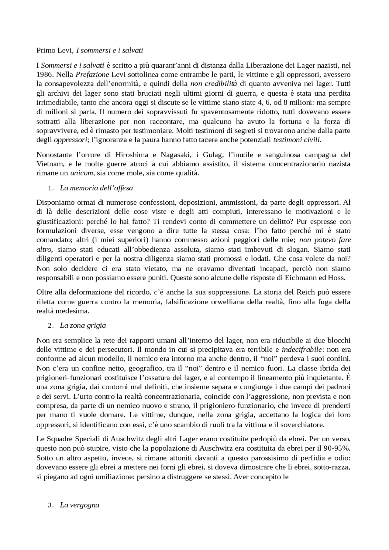 Primo Levi I Sommersi E I Salvati Docsity