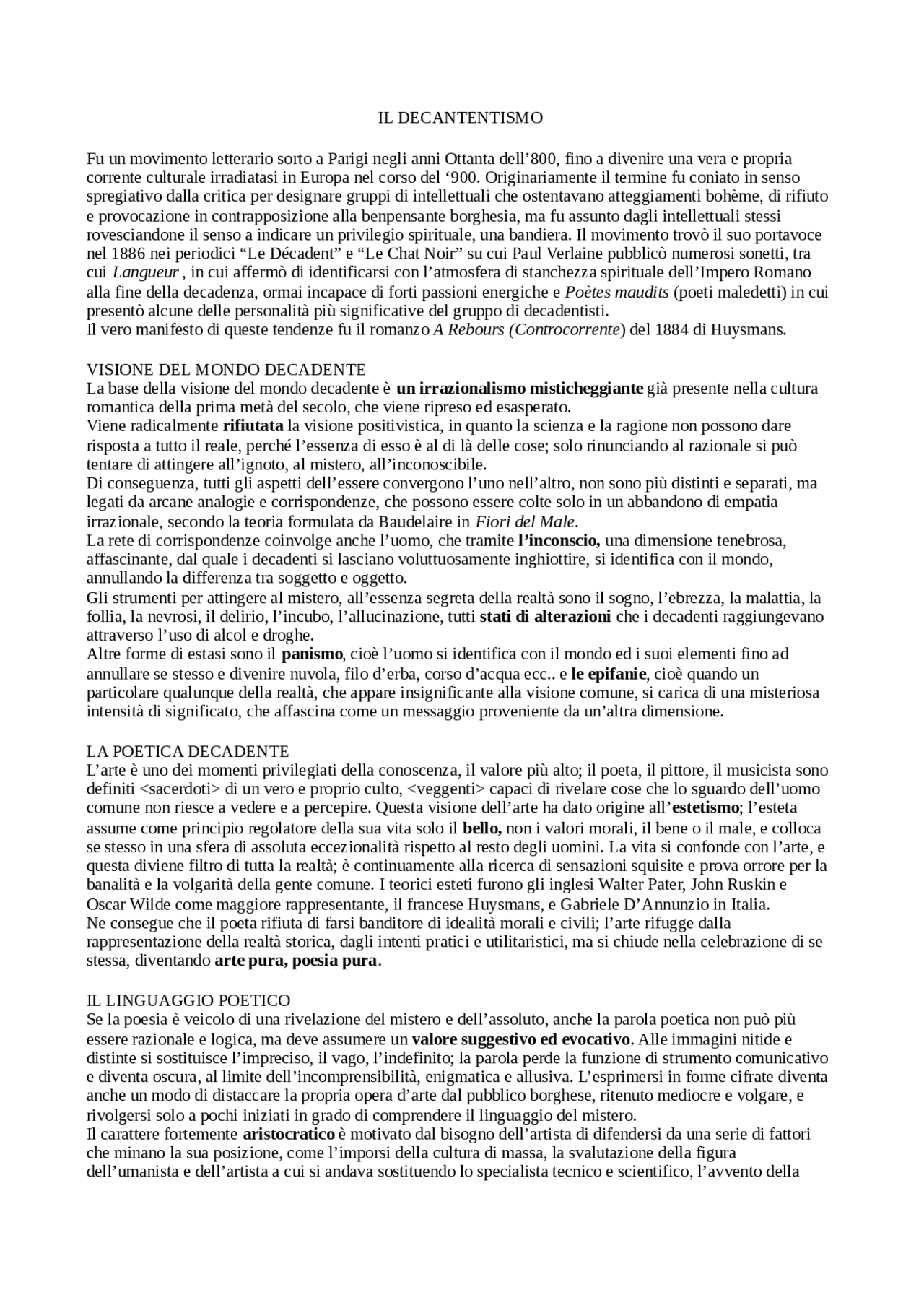 Sintesi Del Decadentismo Dal Piacere Dei Testi Docsity