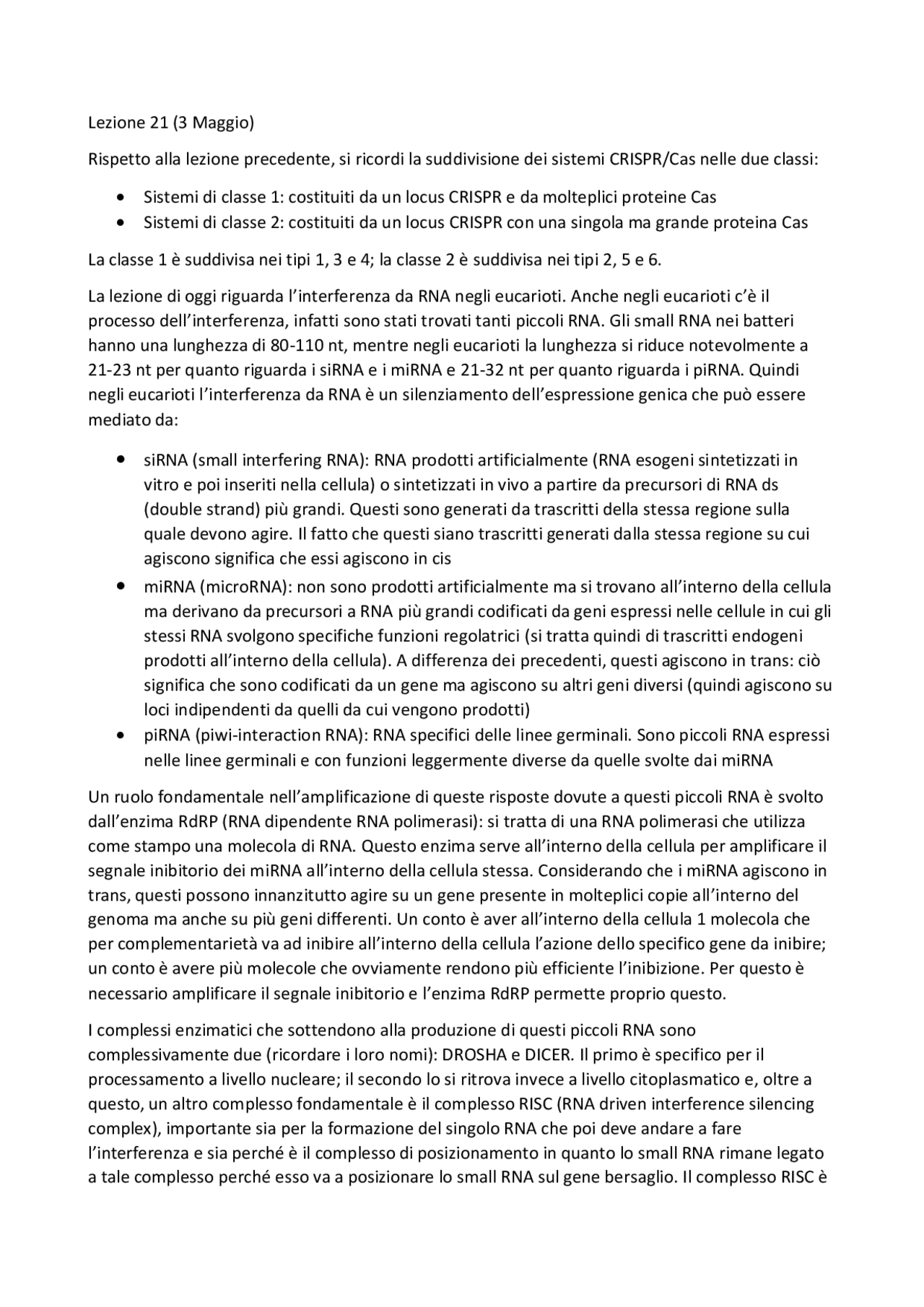 Interferenza Da Rna Negli Eucarioti Docsity