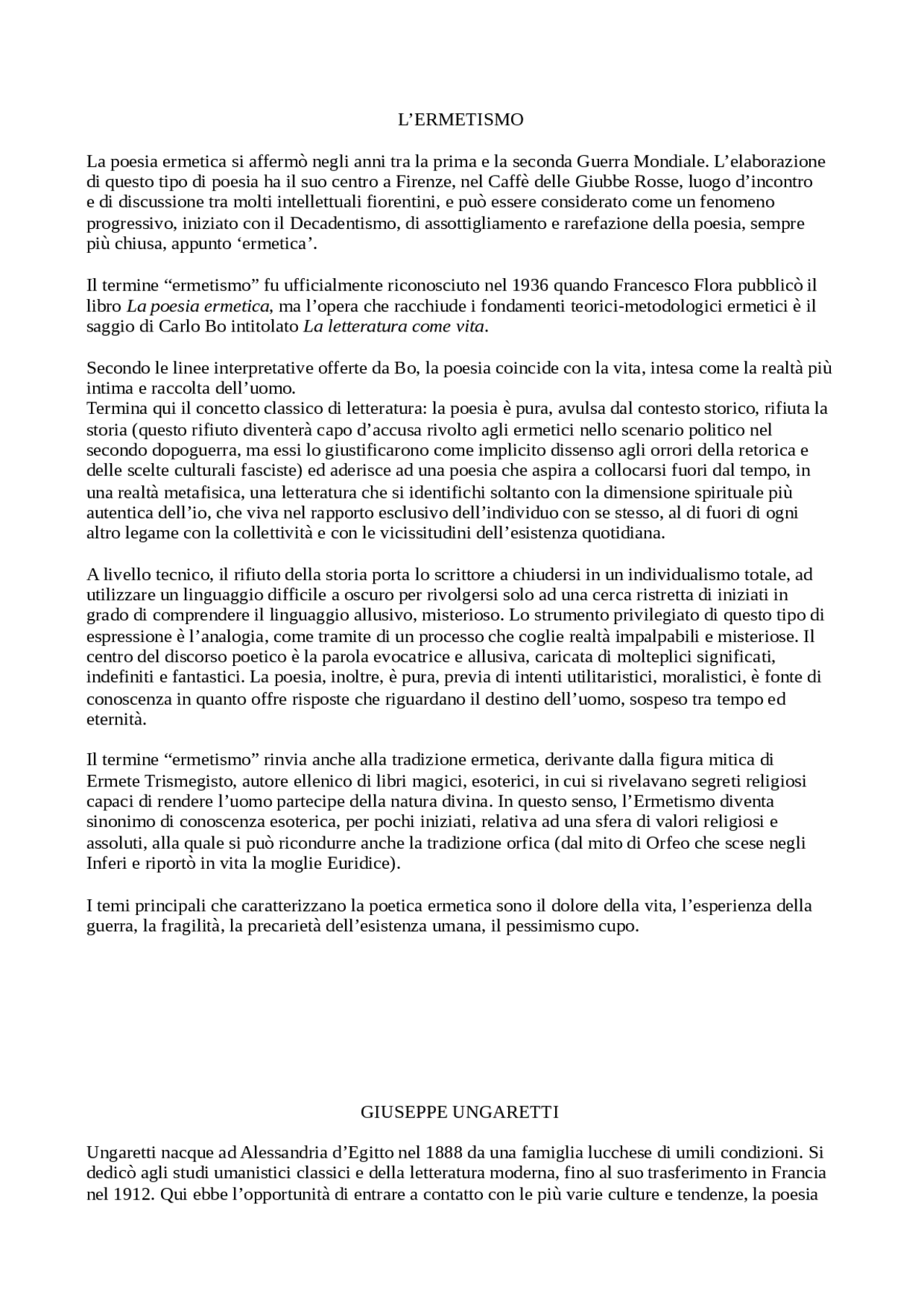 Riassunto Dellermetismo Dal Piacere Dei Testi Docsity