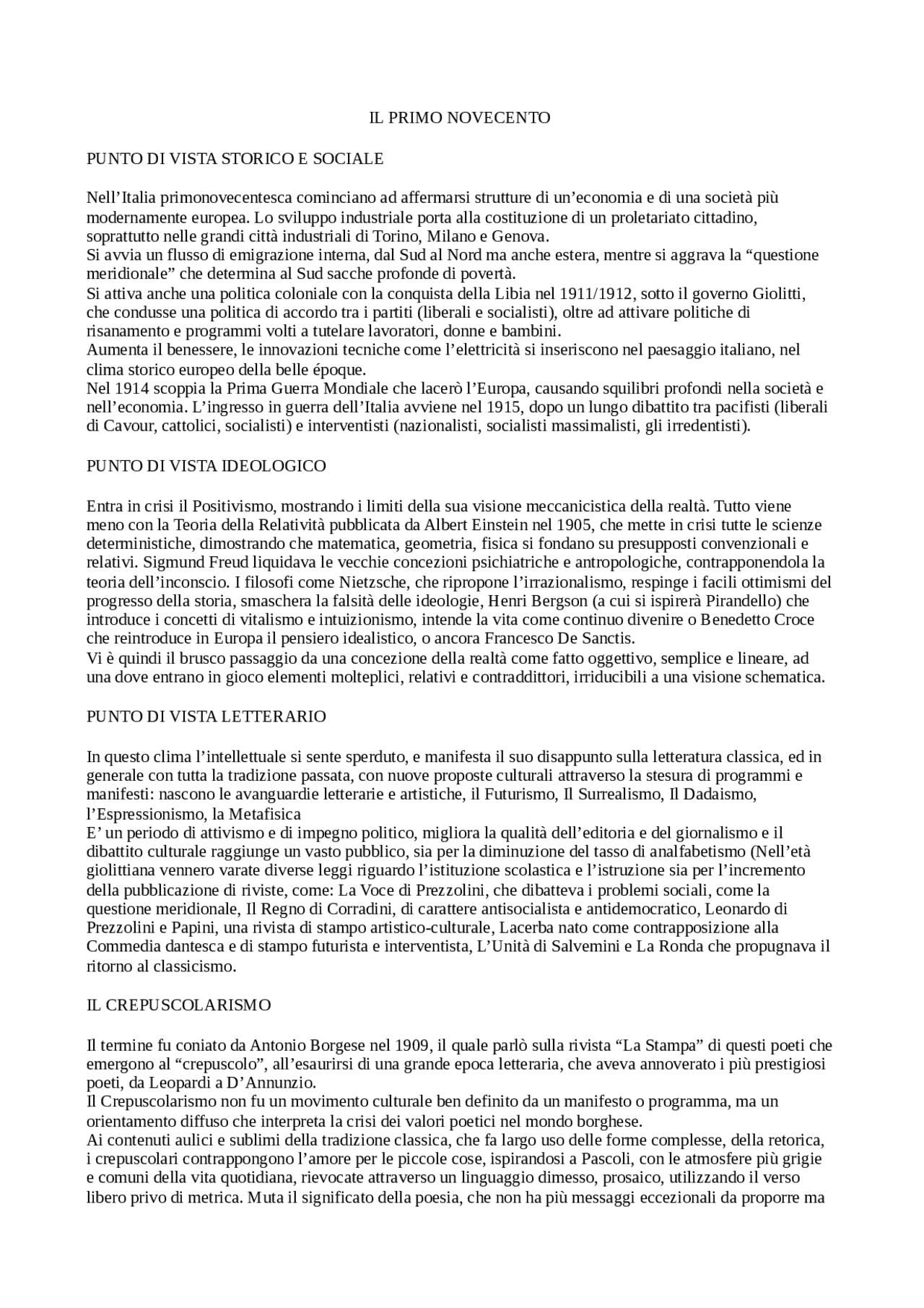 Riassunto Il Primo Novecento Dal Piacere Dei Testi Docsity