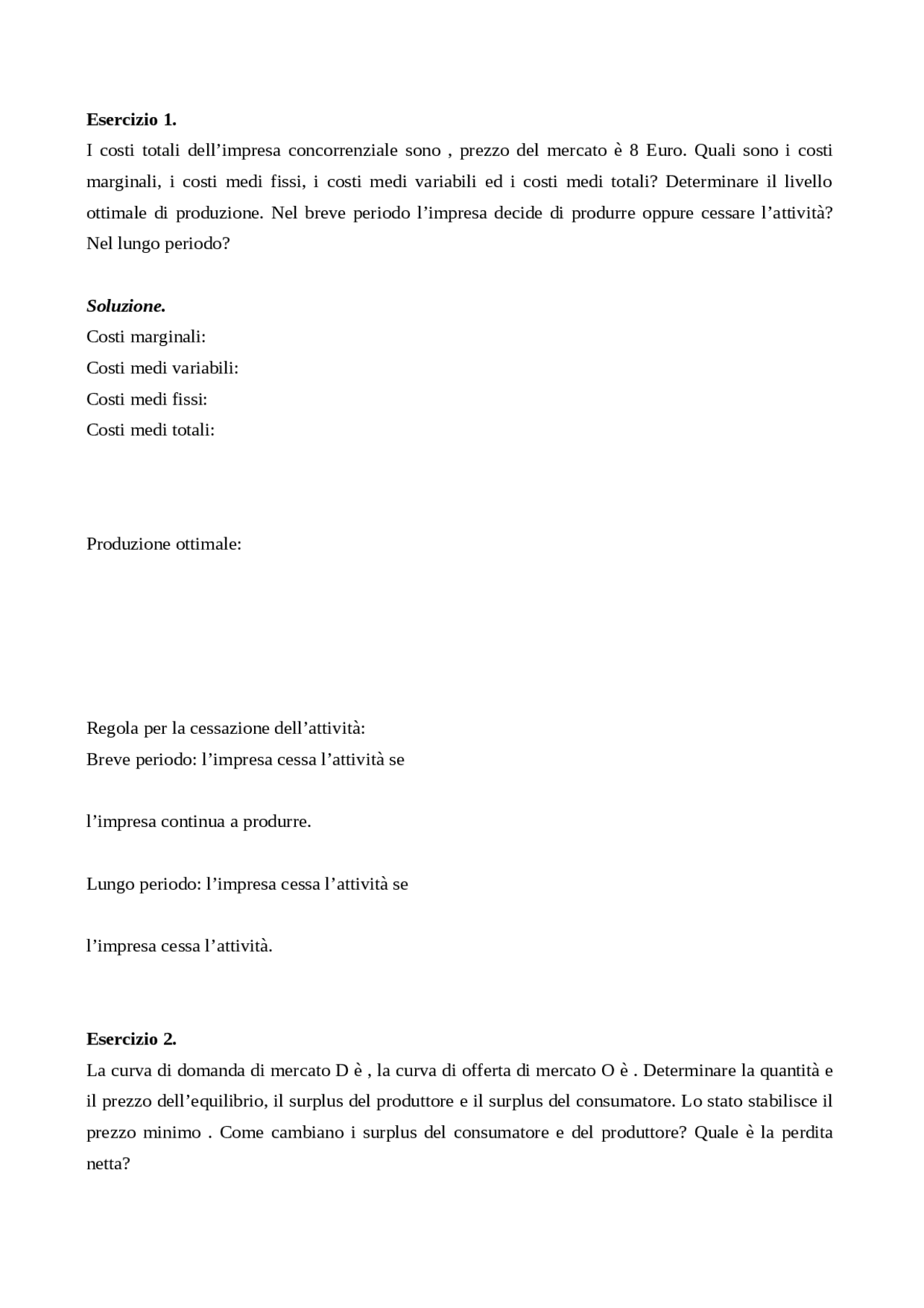 Microeconomia Esercizi Con Soluzione Docsity