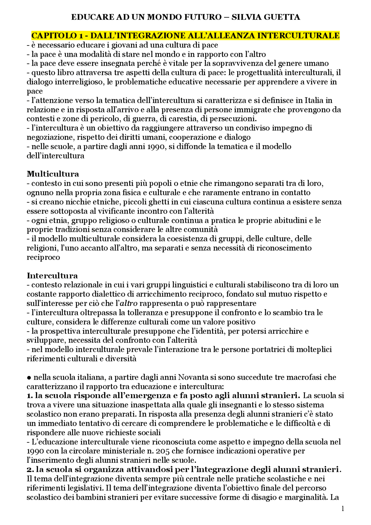 Riassunto Di Educare Ad Un Mondo Futuro Guetta 2014 Docsity