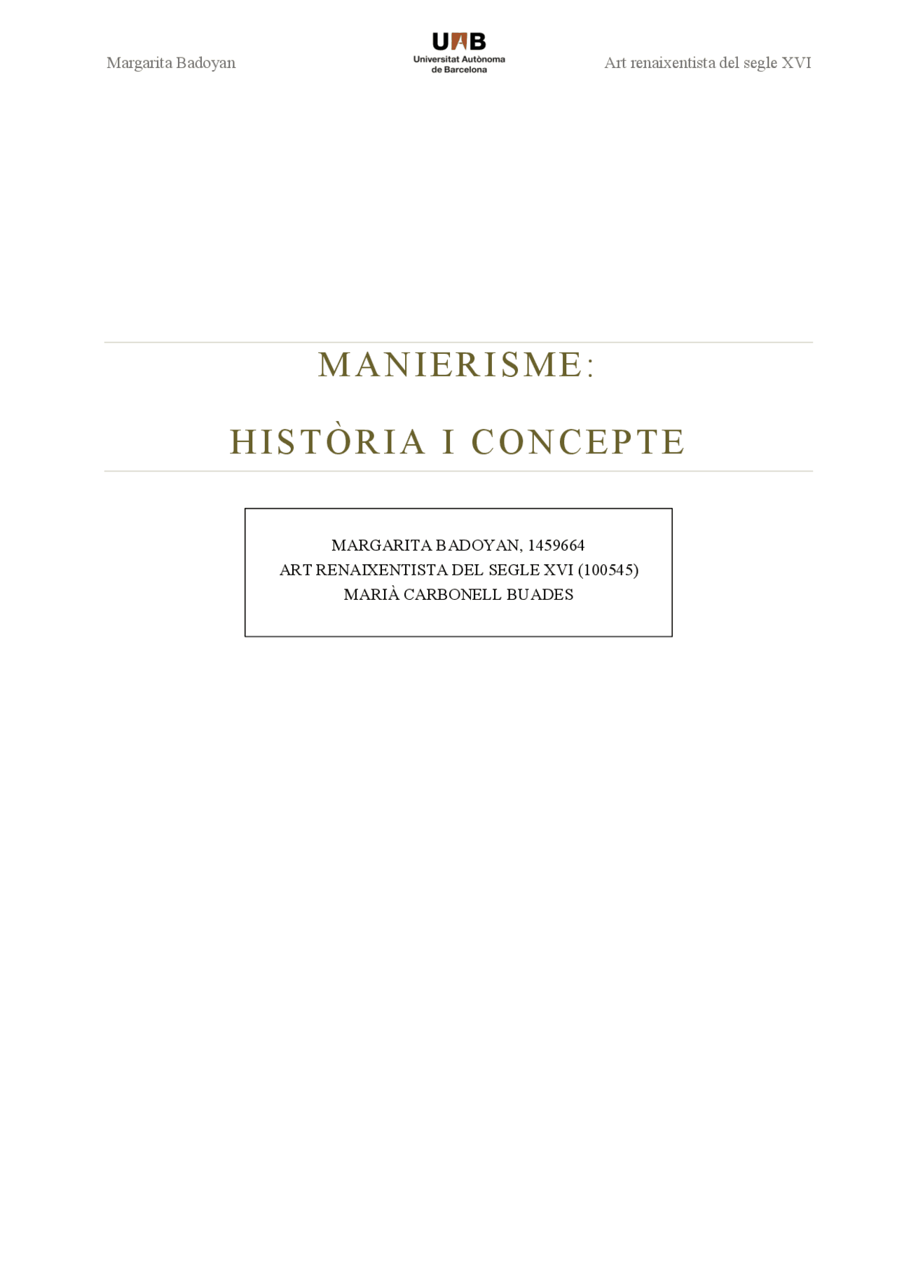 Manierisme Història I Concepte Docsity