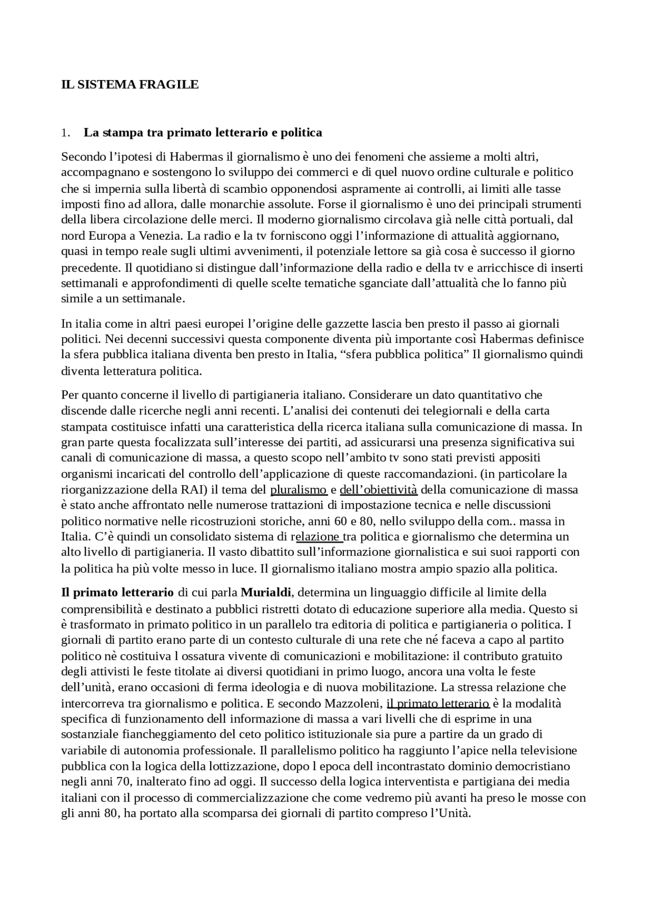 Il Sistema Fragile I Mass Media In Italia Tra Politica E Mercato Docsity