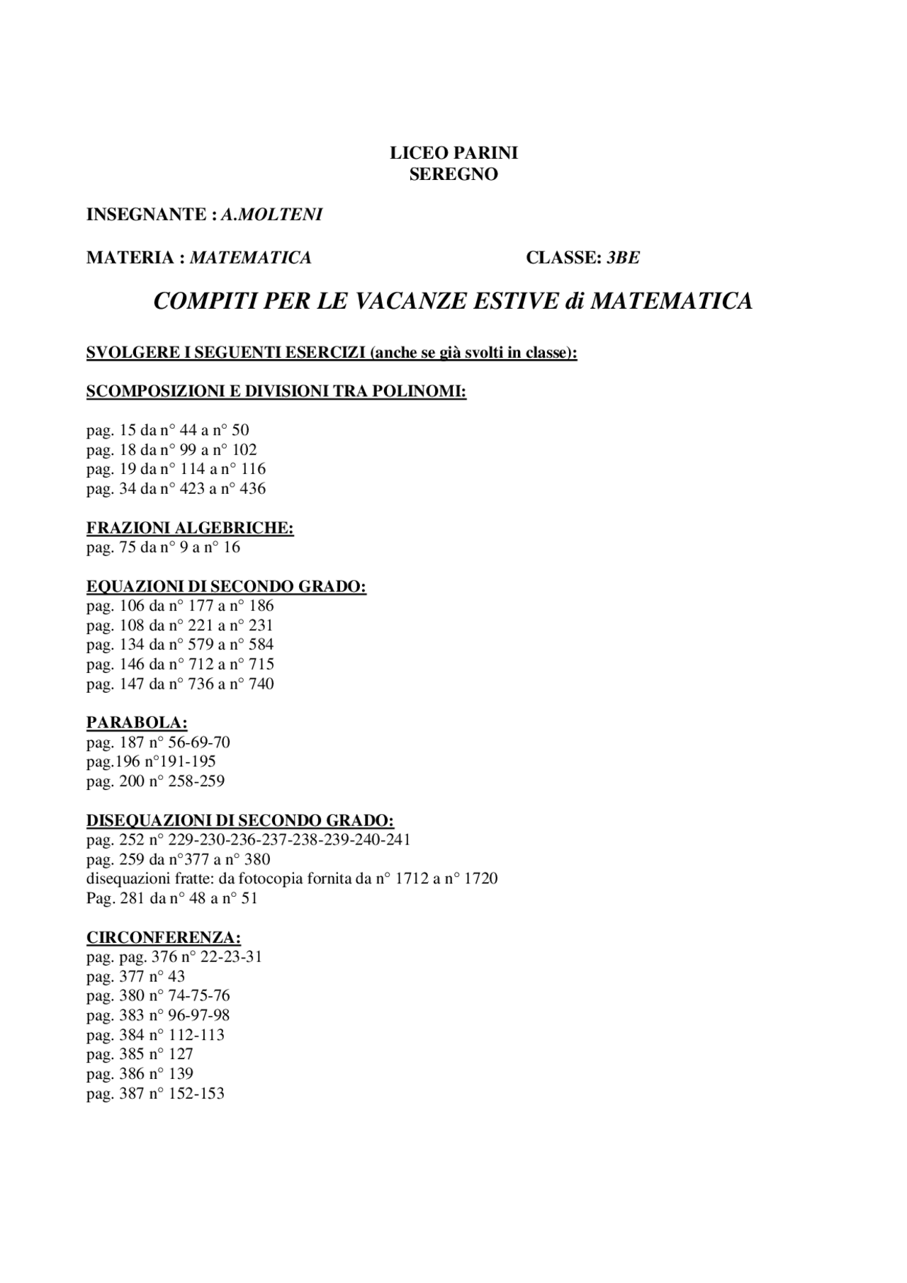 Esercizi Matematica Docsity