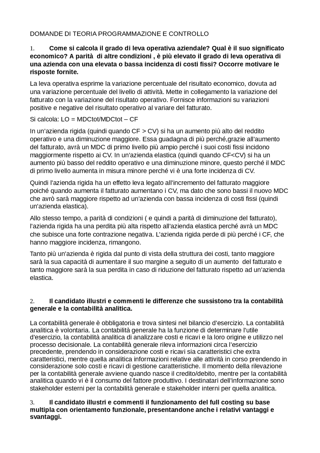 Domande E Risposte Programmazione E Controllo Prof Passetti Appunti