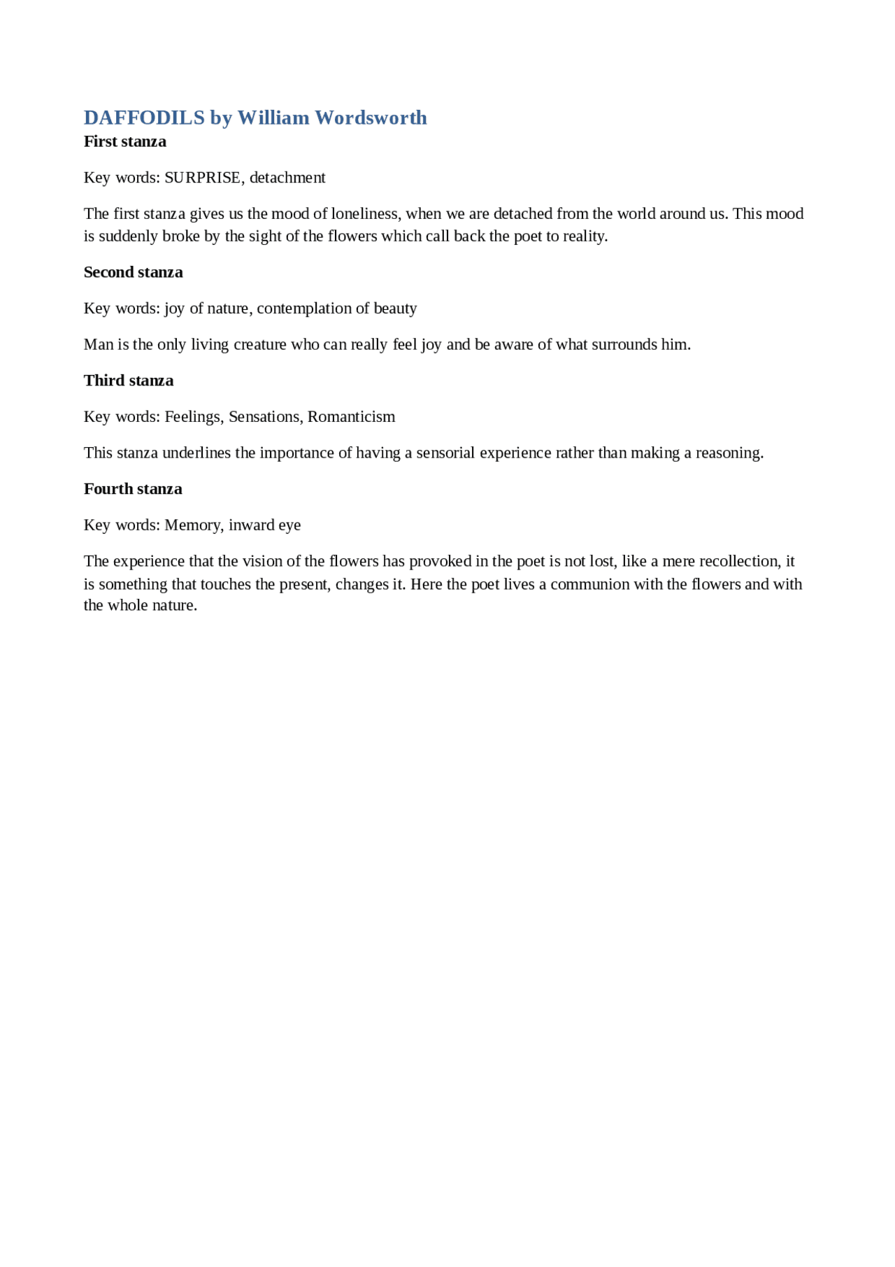 Key Words And Explanation Of Daffodils By William Wordsworth Docsity