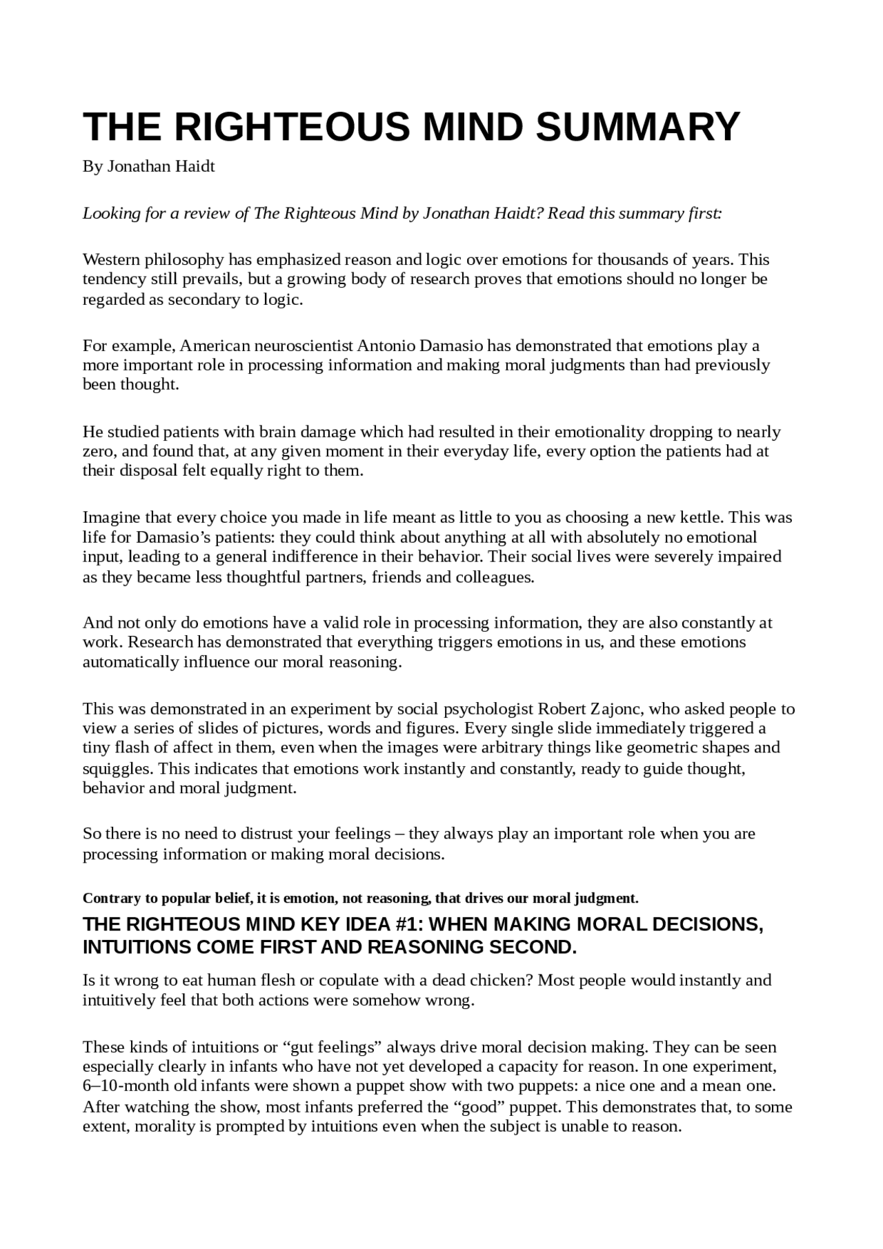 THE RIGHTEOUS MIND SUMMARY By Jonathan Haidt - Docsity