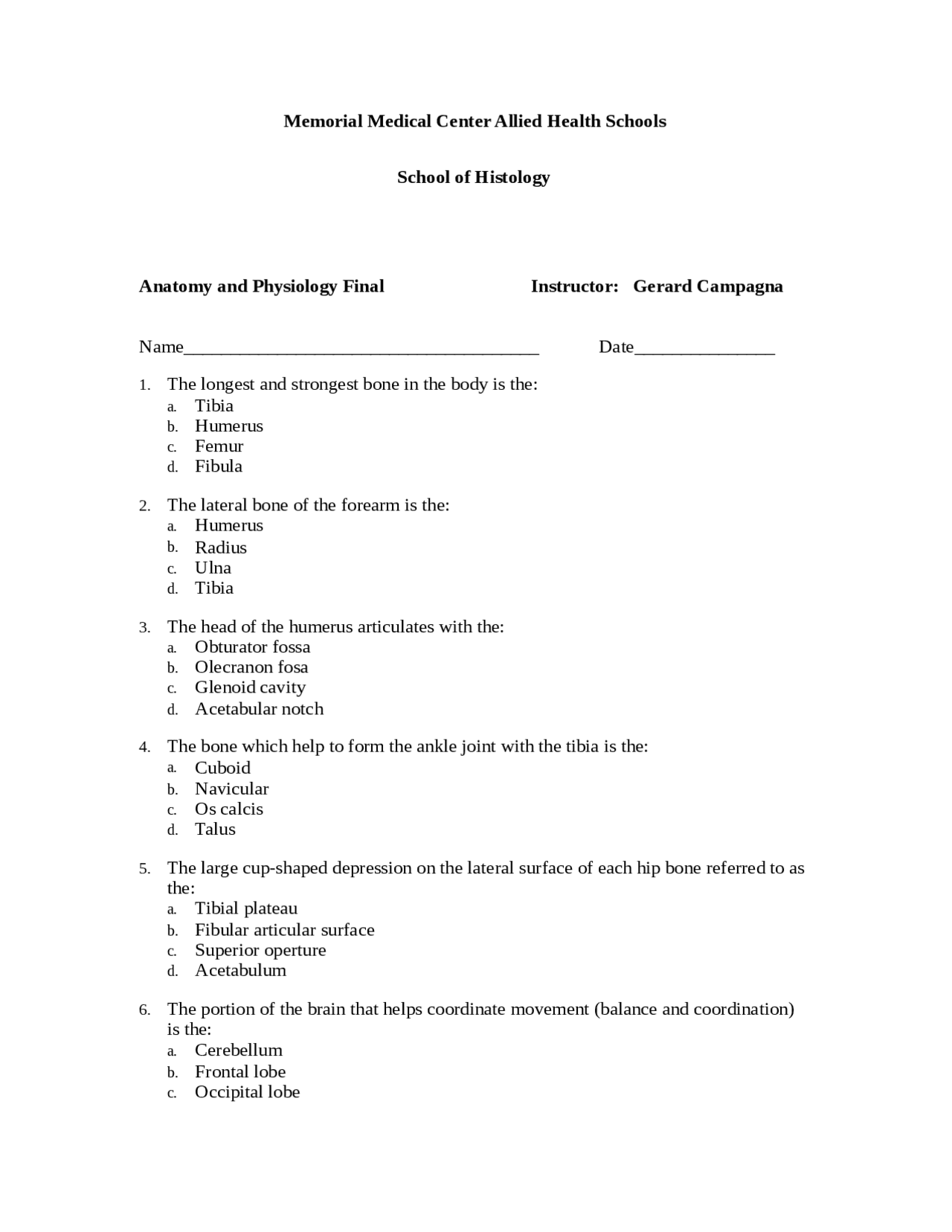 Anatomy exams of various body functions - Docsity